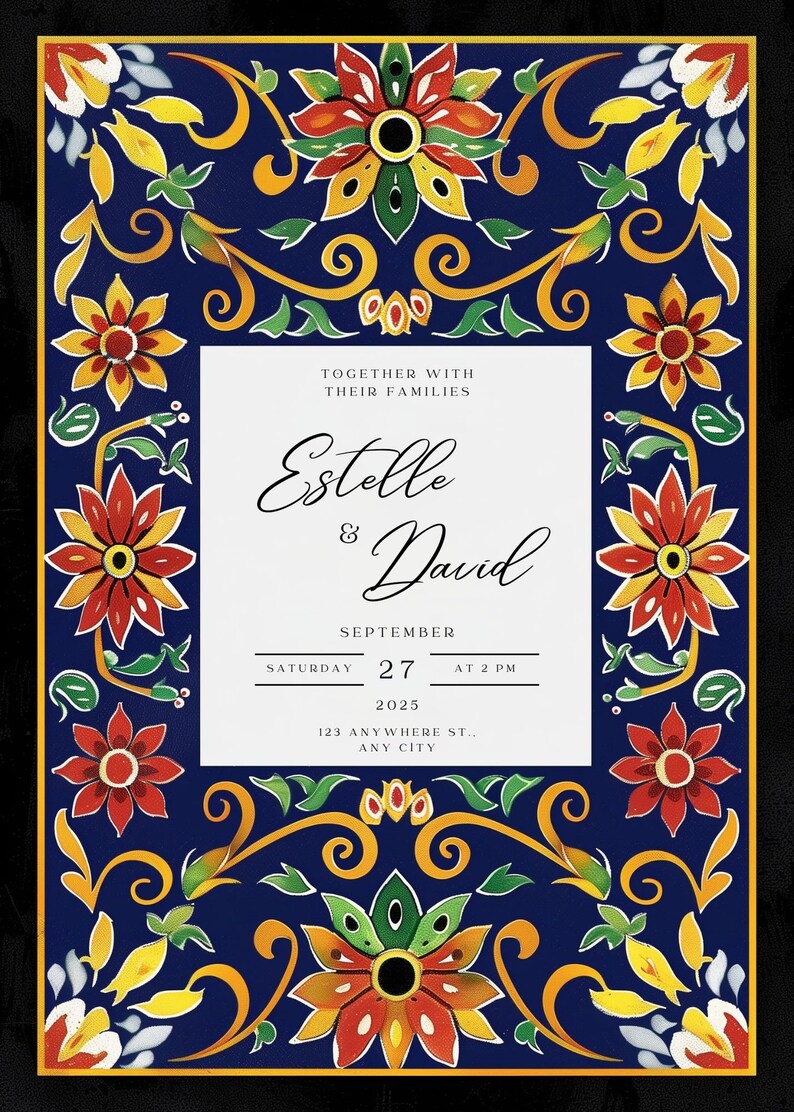 Mexican Wedding Invitation, Talavera Tile Fiesta Invite, Red and Blue ...