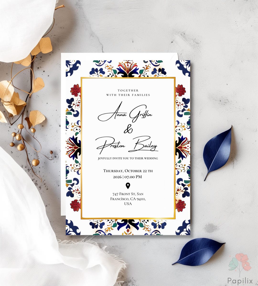 Talavera Tile Wedding Invitation Template, Blue & Burgundy Floral ...