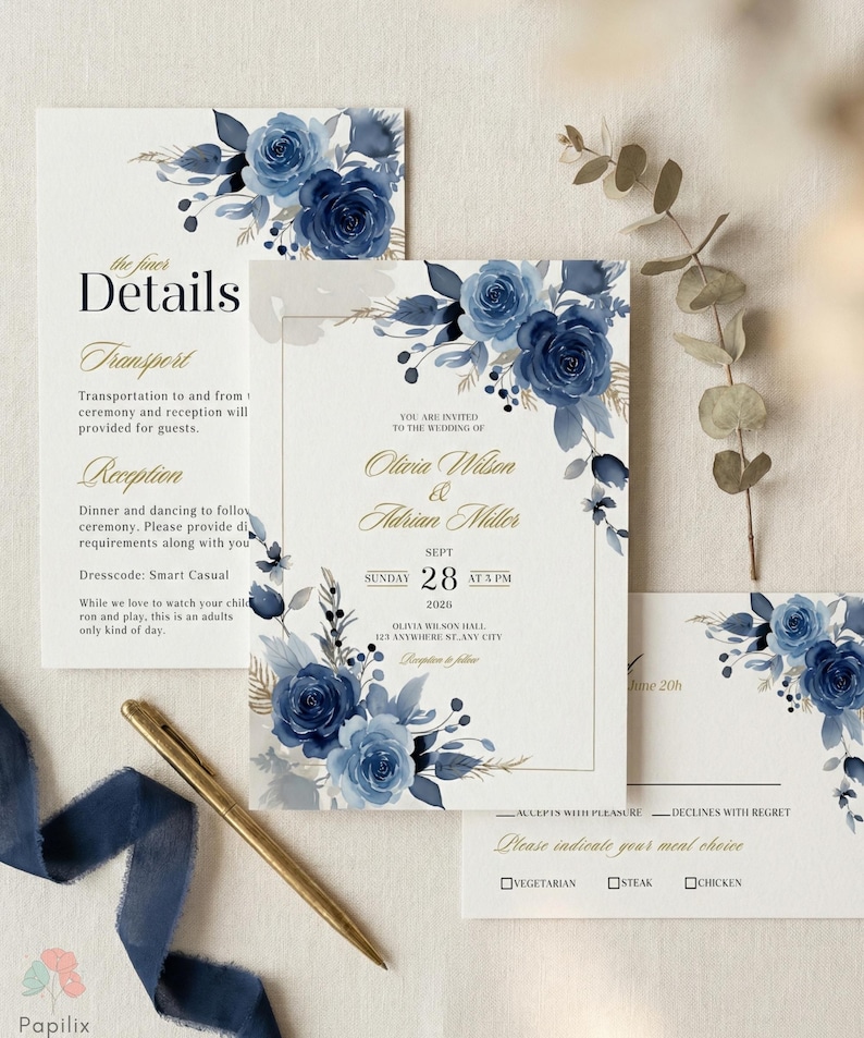 Dusty Blue Wedding Invitation Set With RSVP and Details Card: Slate ...