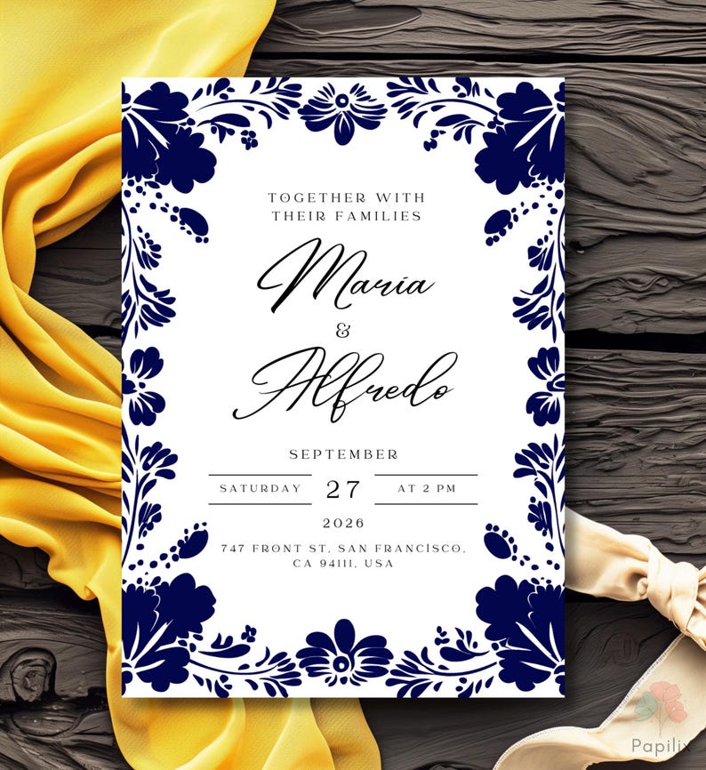 Blue Mexican Wedding Invitation, Talavera Tile Border, Floral Fiesta ...