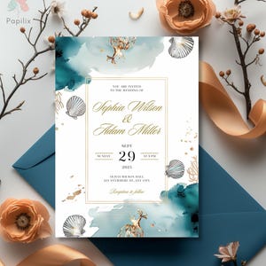 Nautical Wedding Invitation, Ocean Blue and Gold Invite, Summer Beach Themed Shells and Coral ...