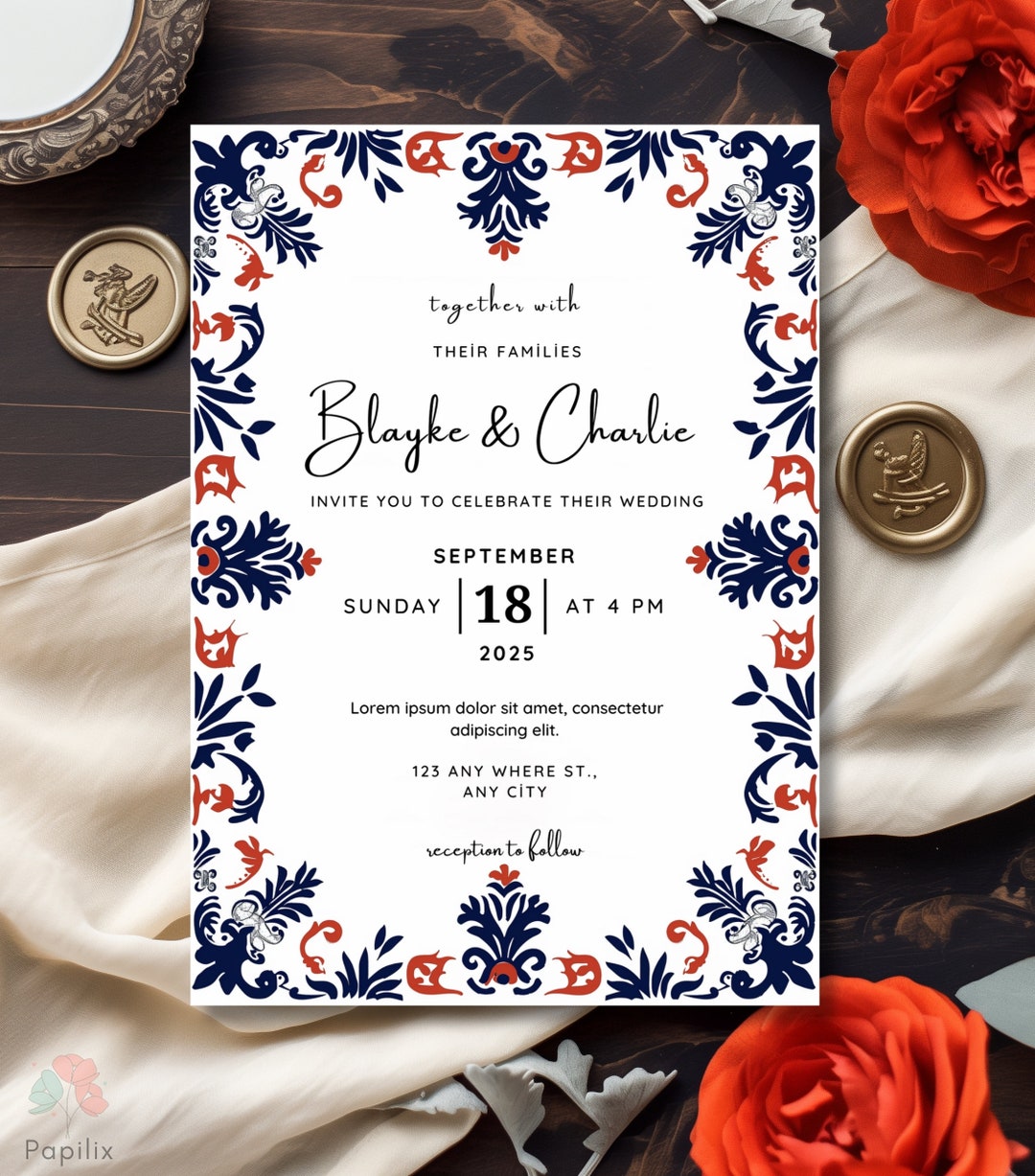 Mexican Talavera Tile Wedding Invitation, Blue and Red Folk Art Invite ...