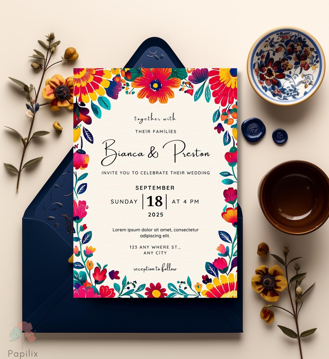 Mexican Fiesta Wedding Invitation, Talavera Tile Floral Invite ...