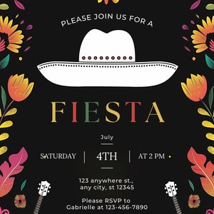 Colorful Fiesta Party Invitation, Mexican Theme, Floral Sombrero Invite ...