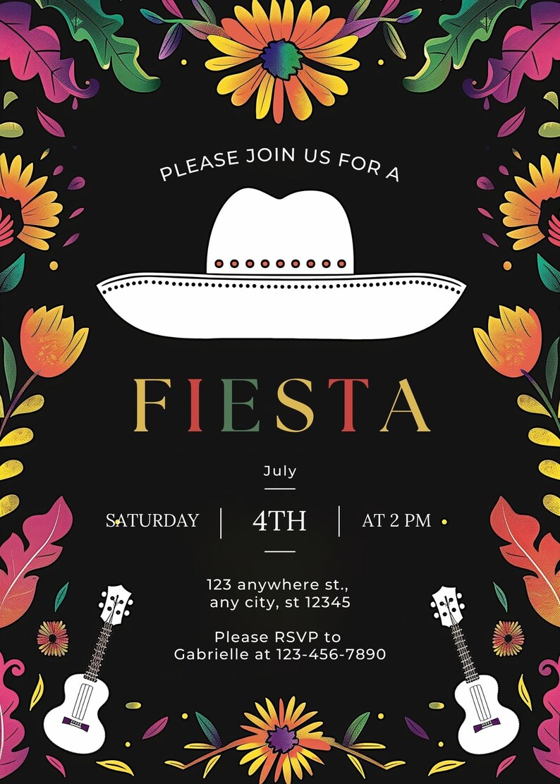 Colorful Fiesta Party Invitation, Mexican Theme, Floral Sombrero Invite ...