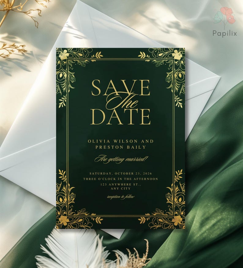 Emerald Green Save the Date Template, Gold Foil Floral Wedding Announcement, Elegant Dark Green ...
