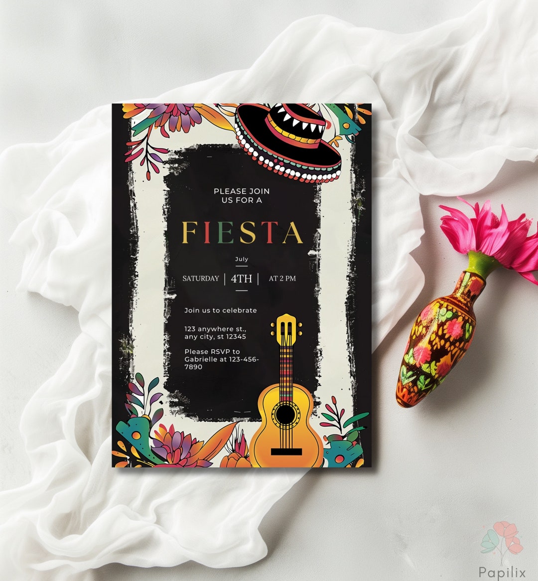 Fiesta Invitation, Mexican Birthday Party Invite, Sombrero and Guitar ...