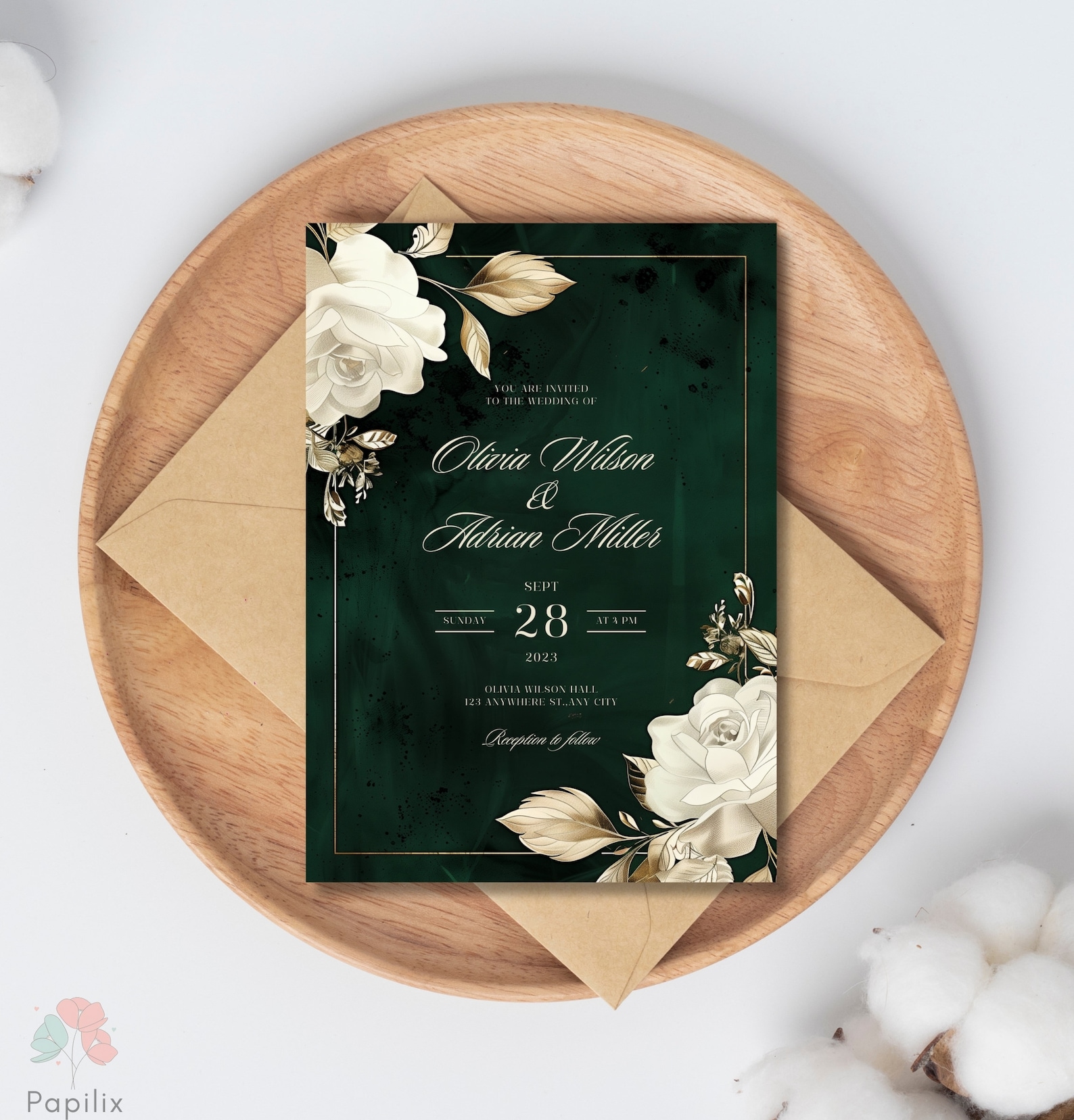 Elegant Dark Green and Gold Wedding Invitation Set, Floral Ivory Rose ...