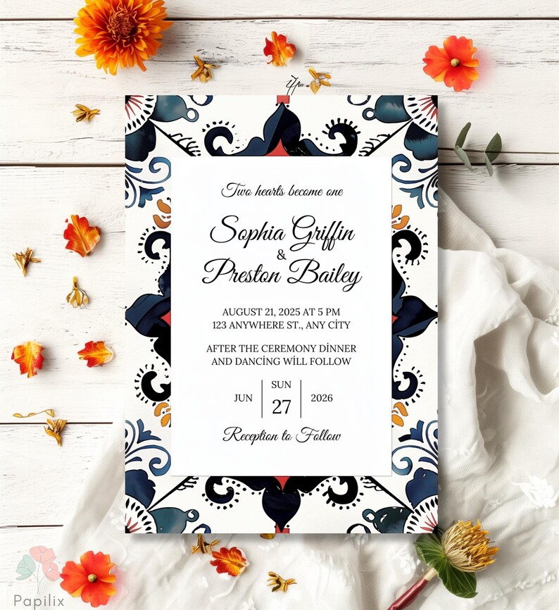 Mexican Wedding Invitation Template, Talavera Tile Design, Blue and ...