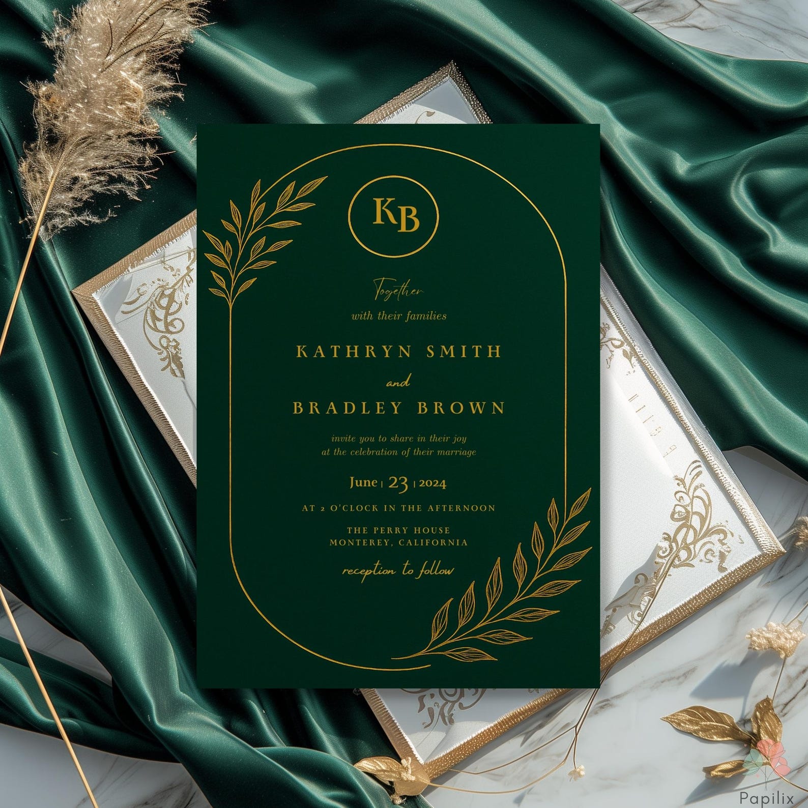 Emerald Green Wedding Invitation, Gold Foil Leaves Invite, Elegant Arch ...