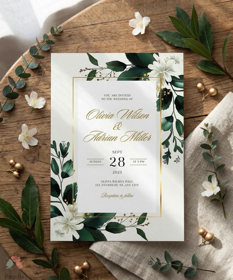 Emerald Green Gold Wedding Invitation Template, Floral Invite Set With ...