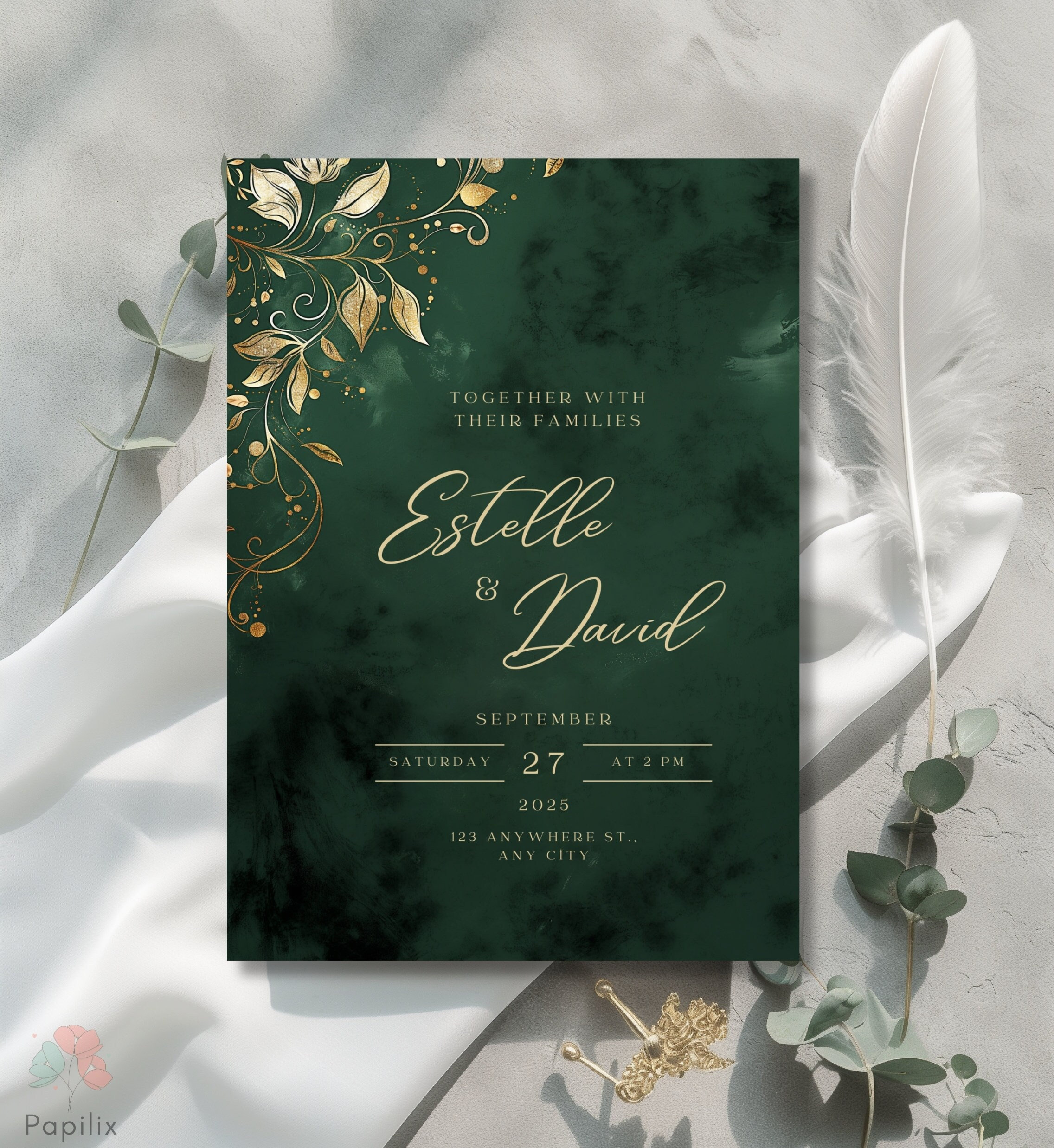 Emerald Green and Gold Wedding Invitation, Elegant Floral Invites ...