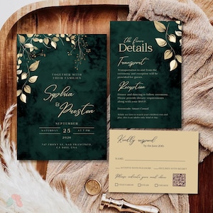 Emerald Green Invitation Set, Elegant Dark Green & Gold Foil Floral ...