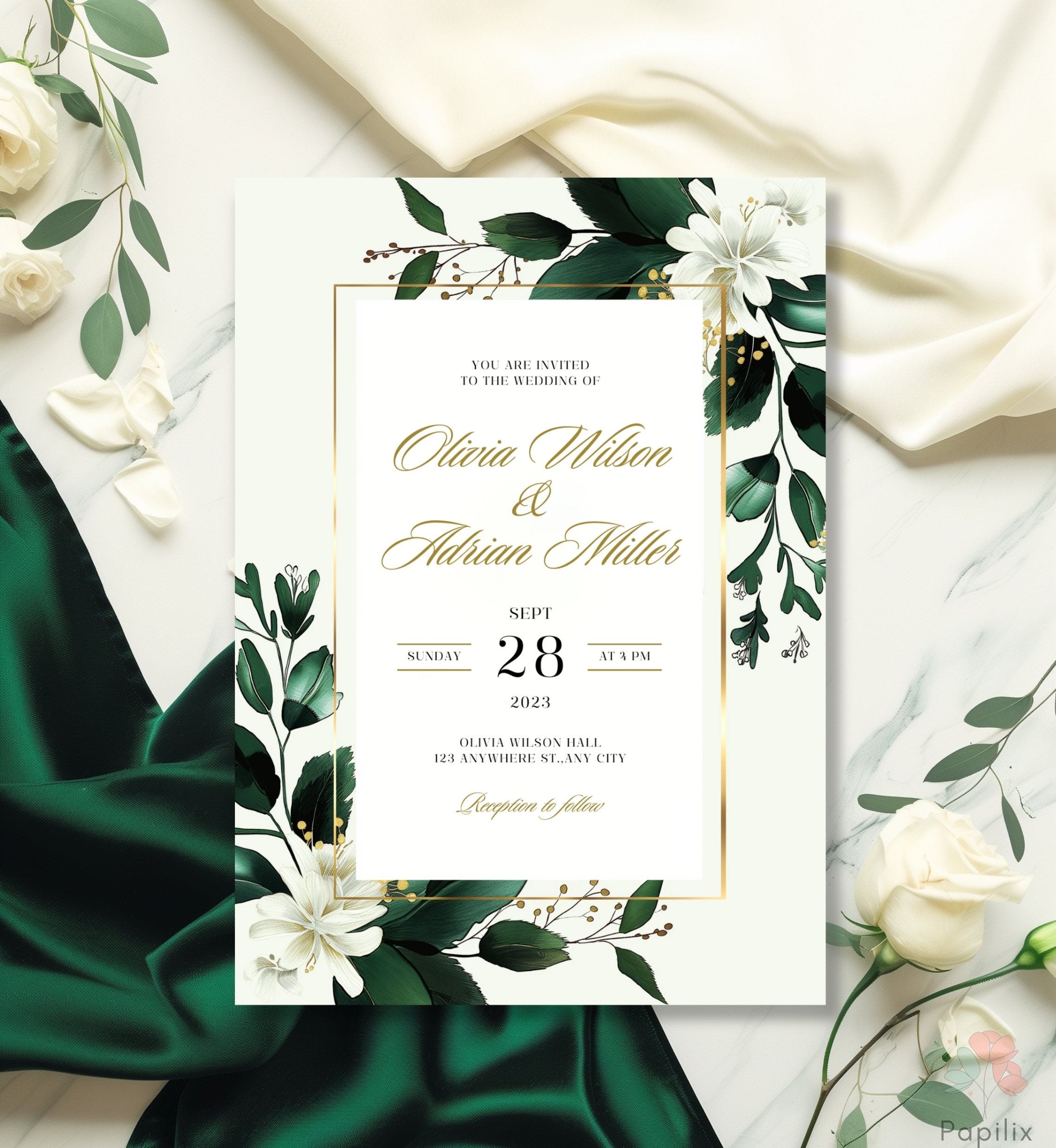 Elegant Green and White Floral Wedding Invitation, Botanical Greenery ...
