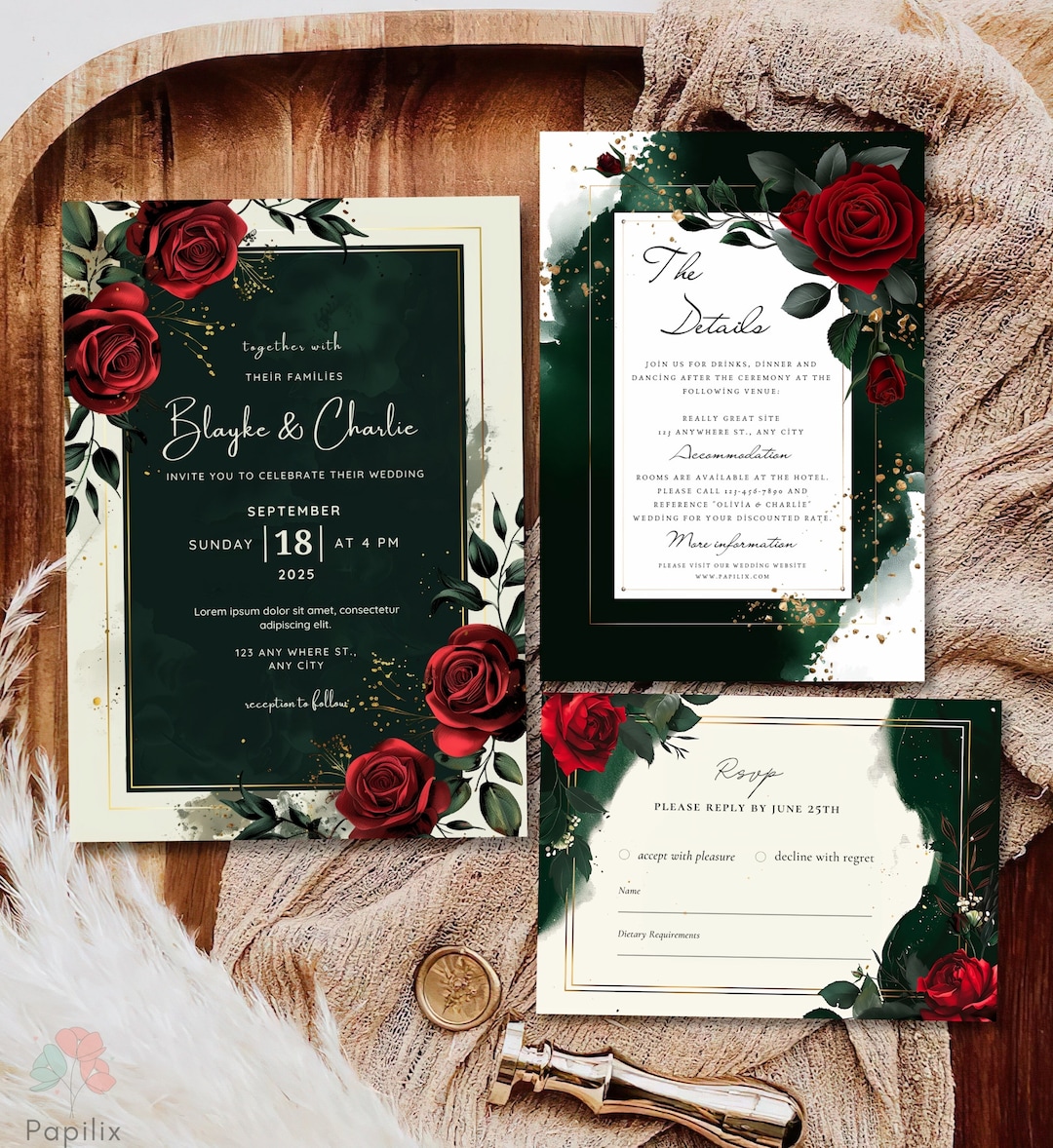 Emerald Green Wedding Invitation With Red Roses, Dark Green Floral ...