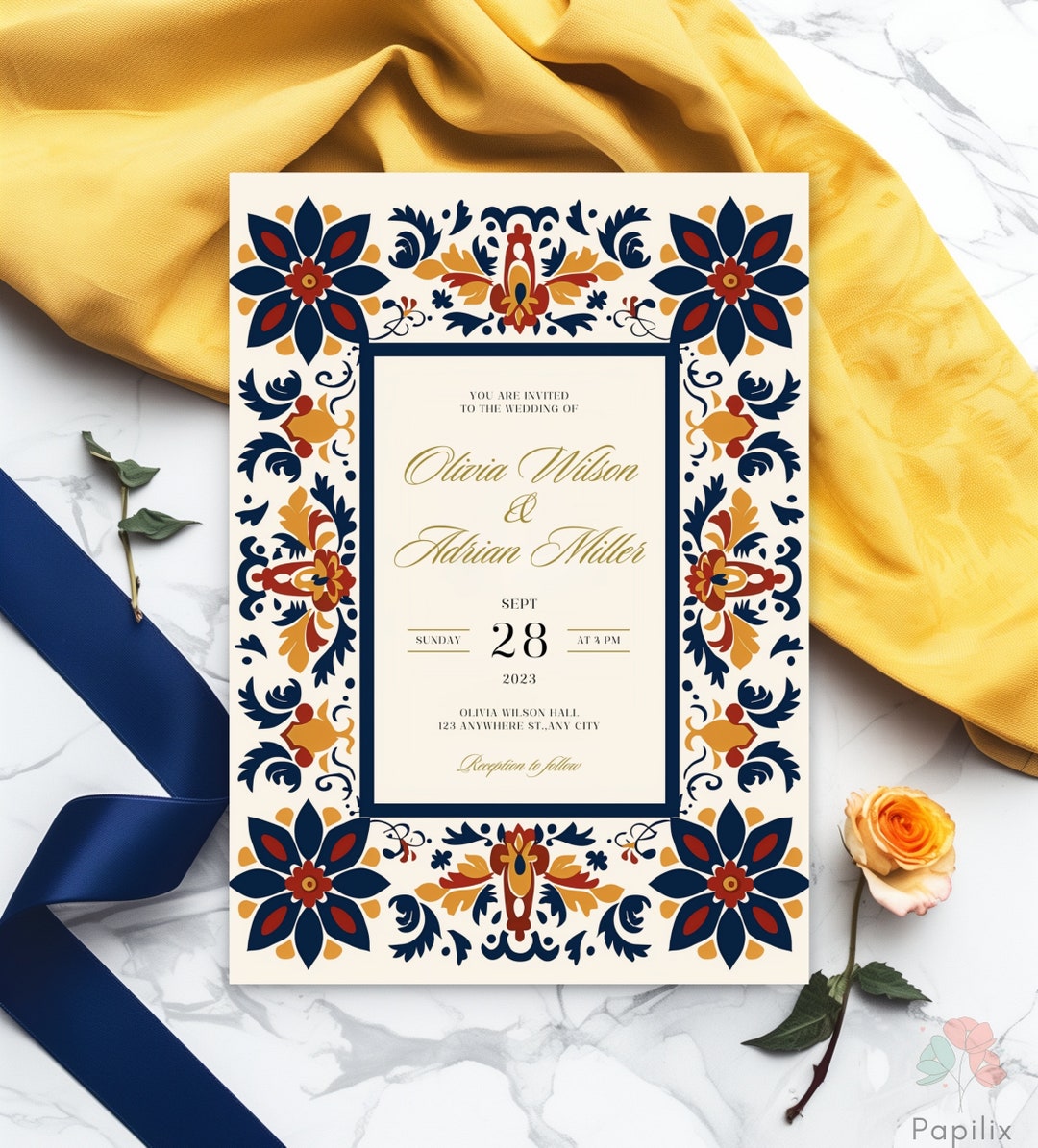 Mexican Wedding Invitation, Talavera Tile Inspired Invites, Red and ...