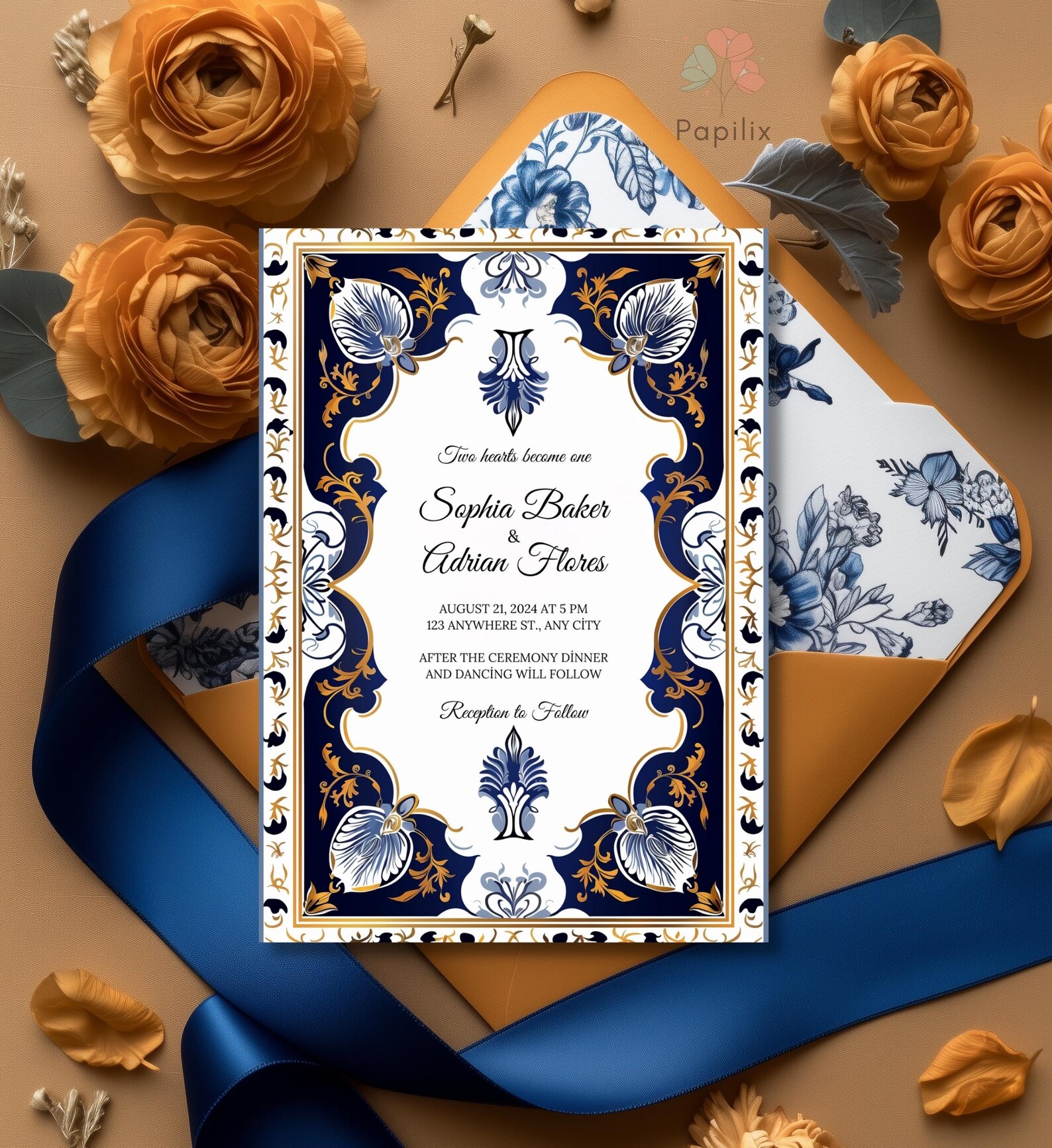 Mexican Wedding Invitation, Talavera Tile Inspired Invite, Blue and ...