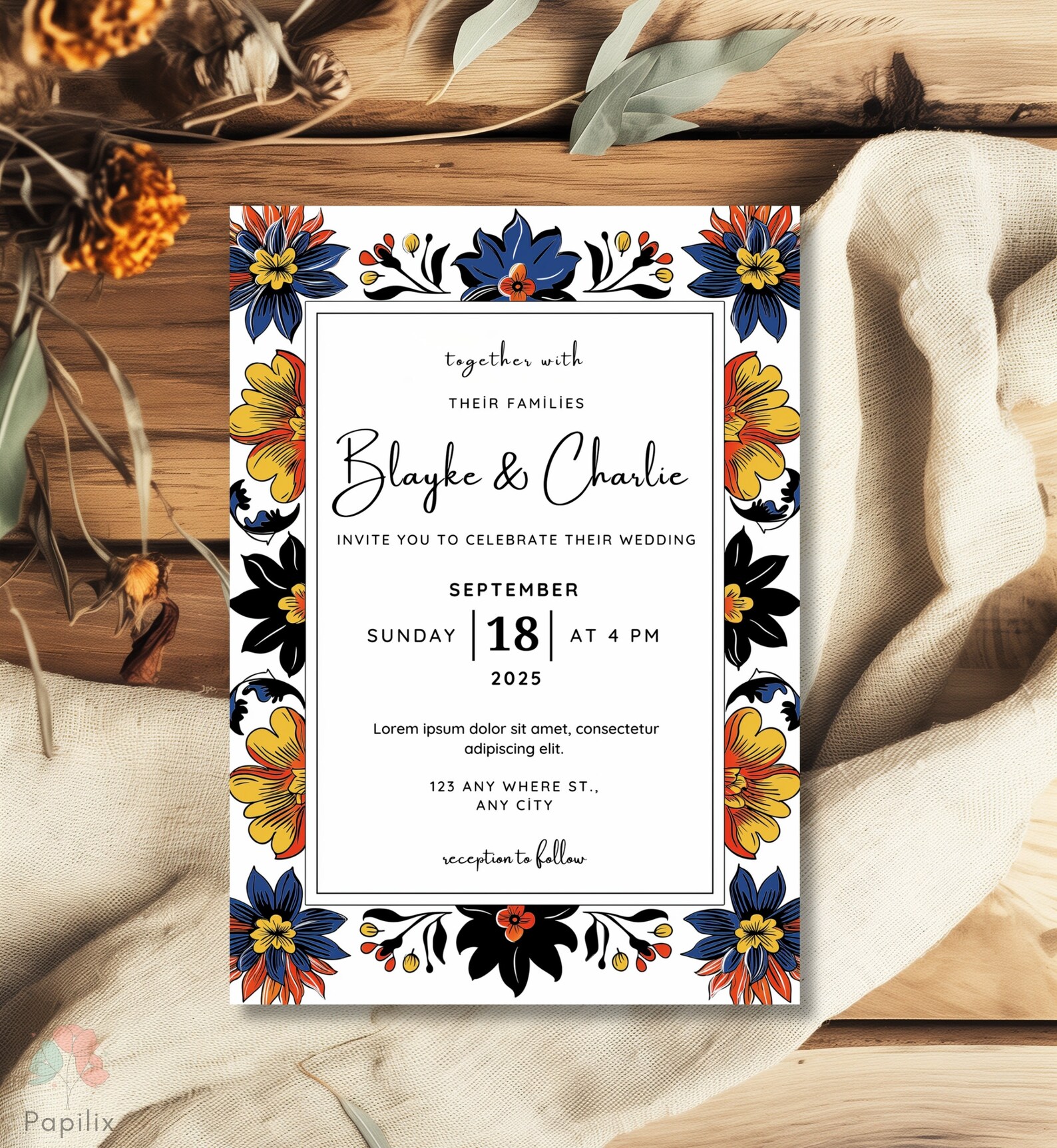 Mexican Wedding Invitation, Talavera Tile Invites, Red and Blue Floral ...