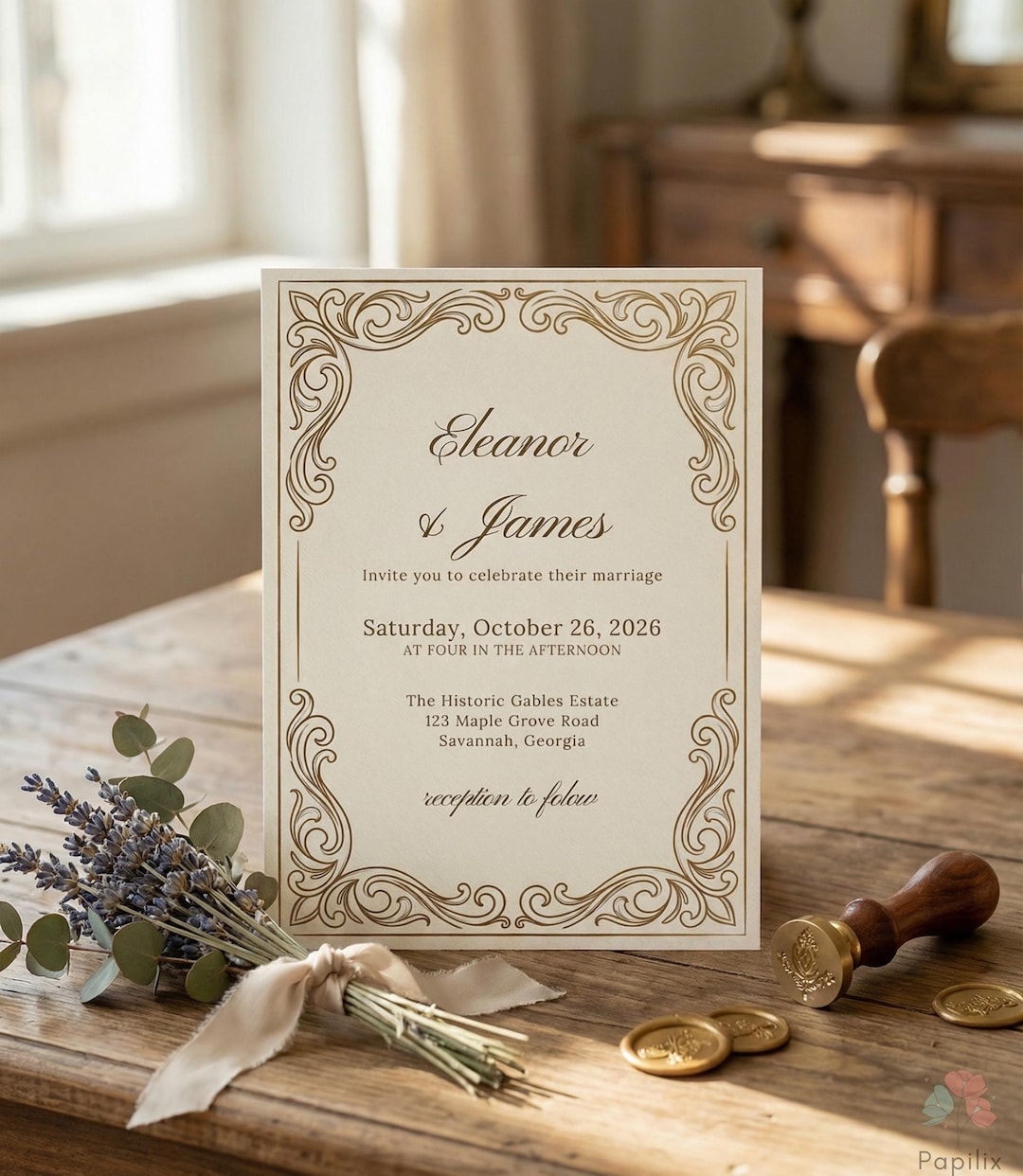 Rose Gold Filigree Wedding Invitation, Ornate Victorian Frame Invite ...