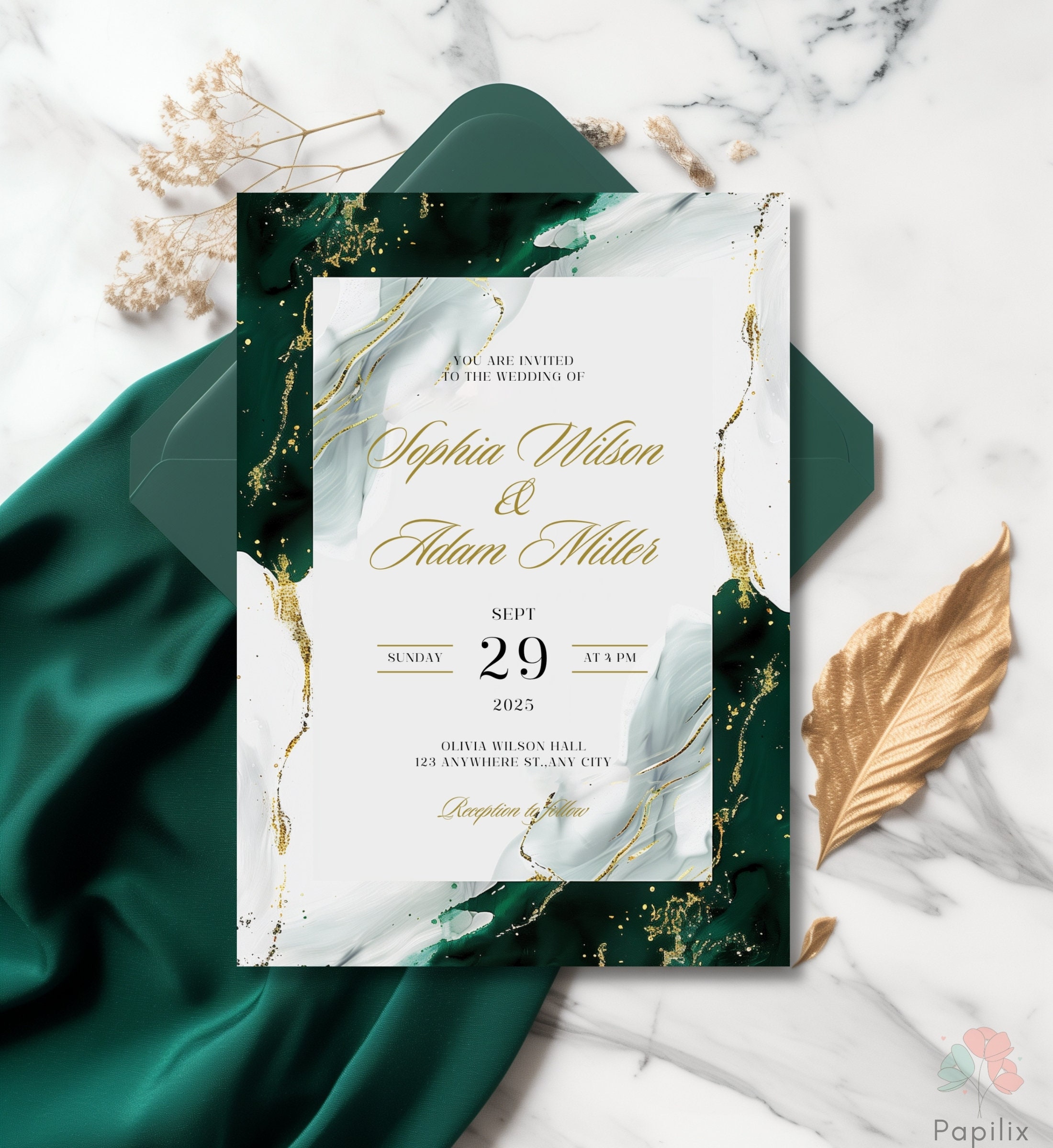 Elegant Emerald Green Wedding Invitation, Gold Marble Wedding Invitation, Modern Wedding Invite ...