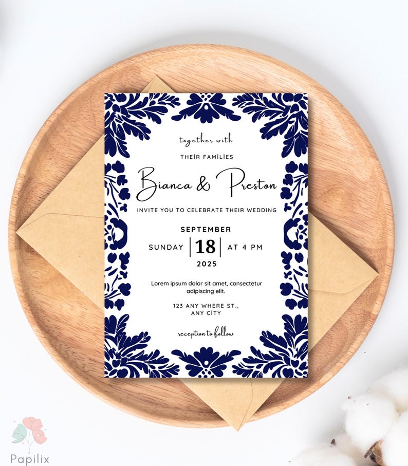 Blue and White Floral Wedding Invitation Template Set, Mexican Talavera ...