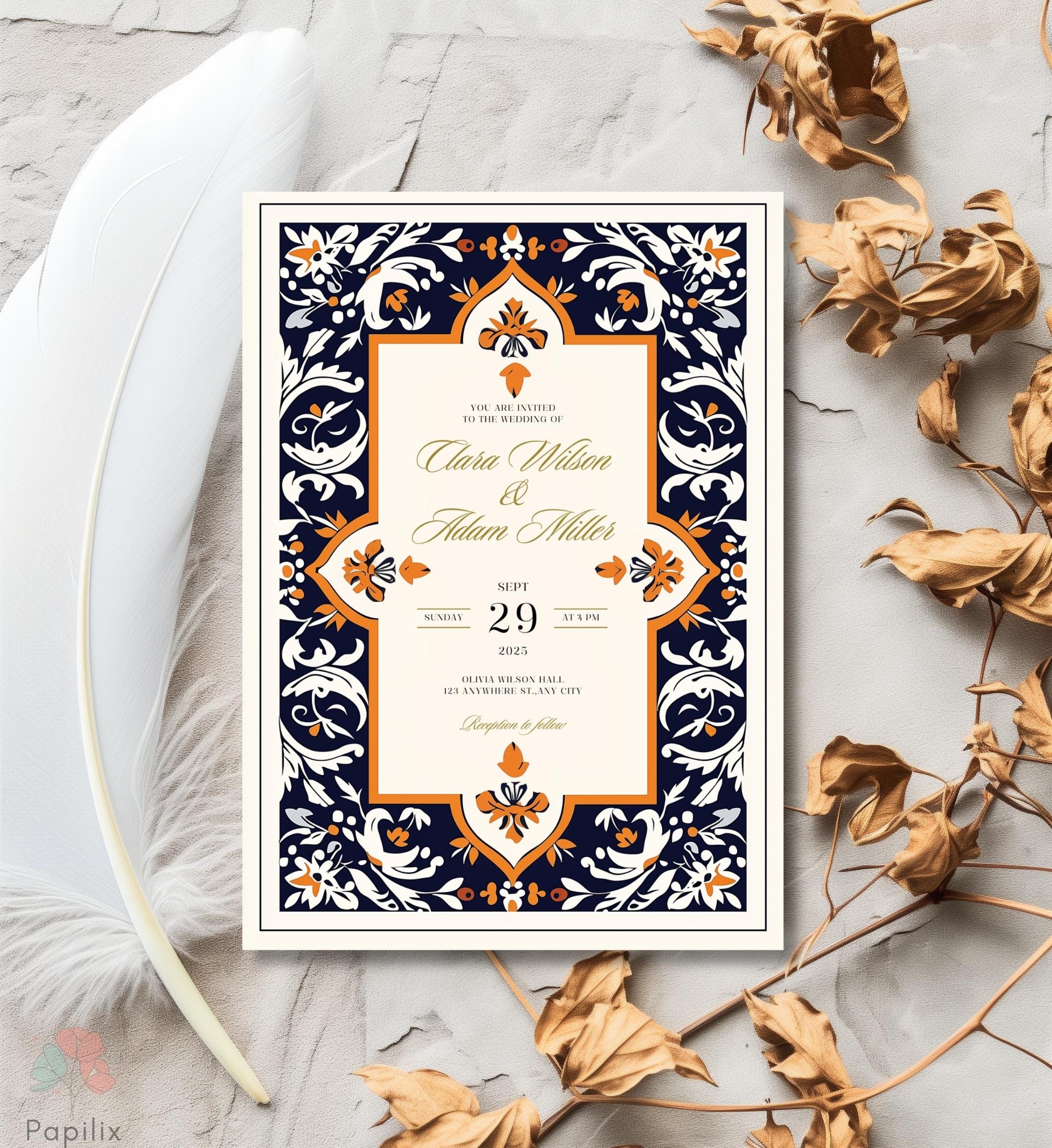 Moroccan Wedding Invitation Template, Navy & Orange Tile Design ...