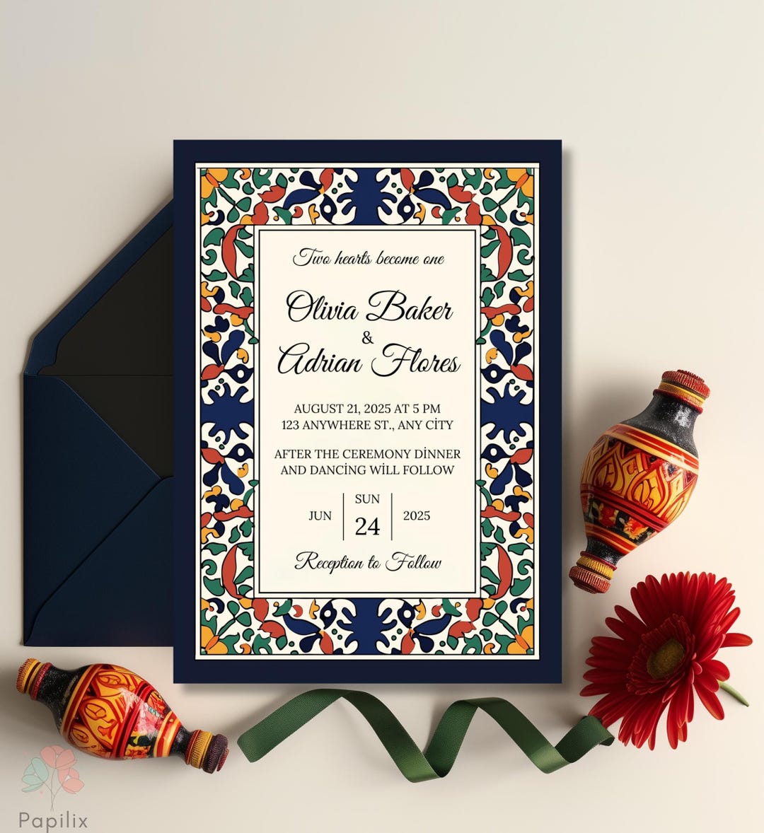 Mexican Invitation Template, Fiesta Colorful Blue & Red Pattern, Otomi ...