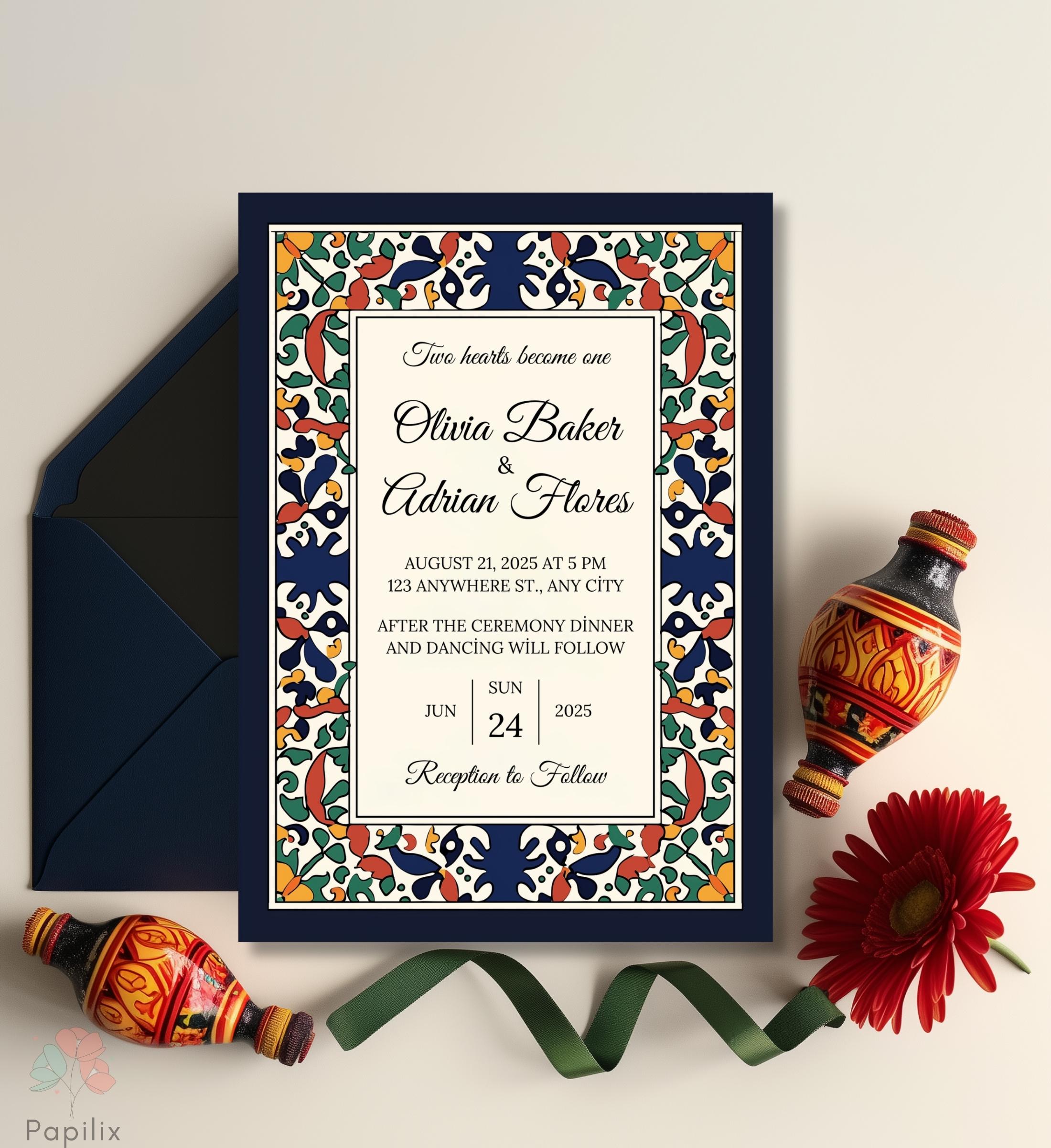 Talavera Tile Wedding Invitation, Mexican Fiesta Invites, Colorful Blue ...