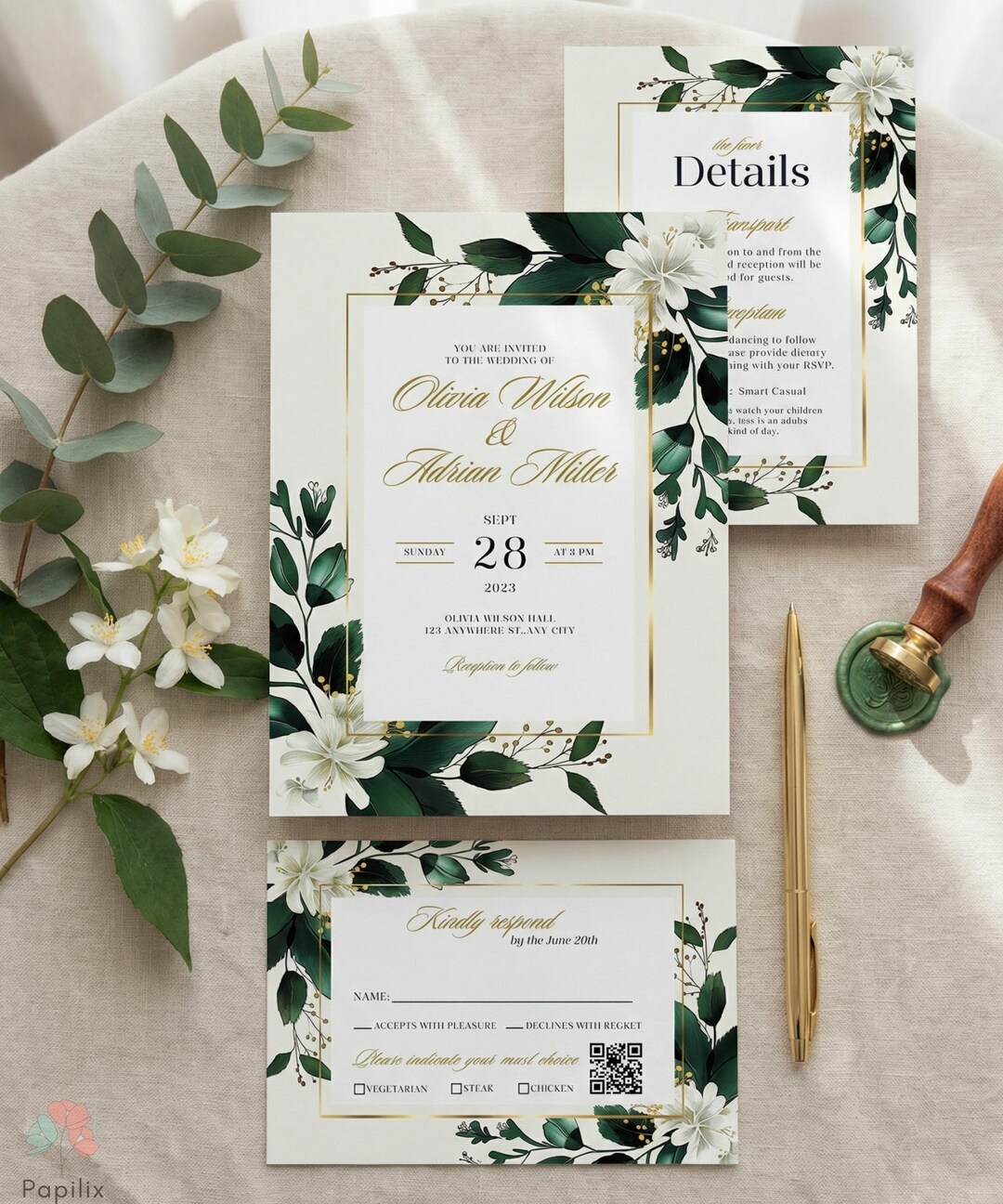 Emerald Green Gold Wedding Invitation Template, Floral Invite Set With ...