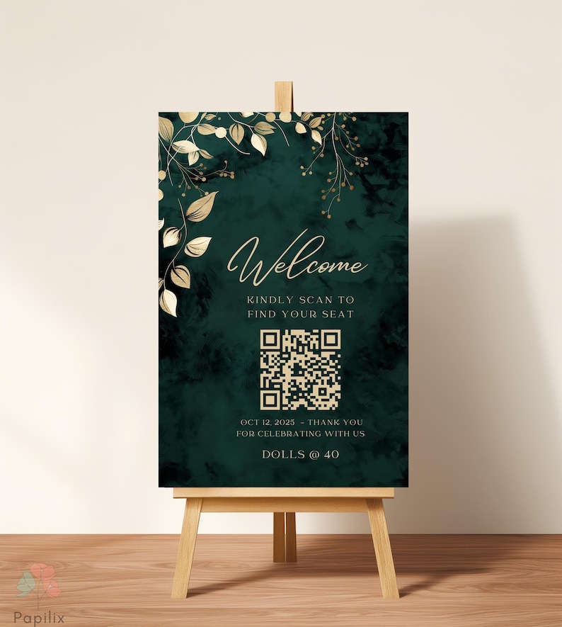 Emerald Green & Gold Welcome Sign, Elegant QR Code Seating Chart, Dark ...