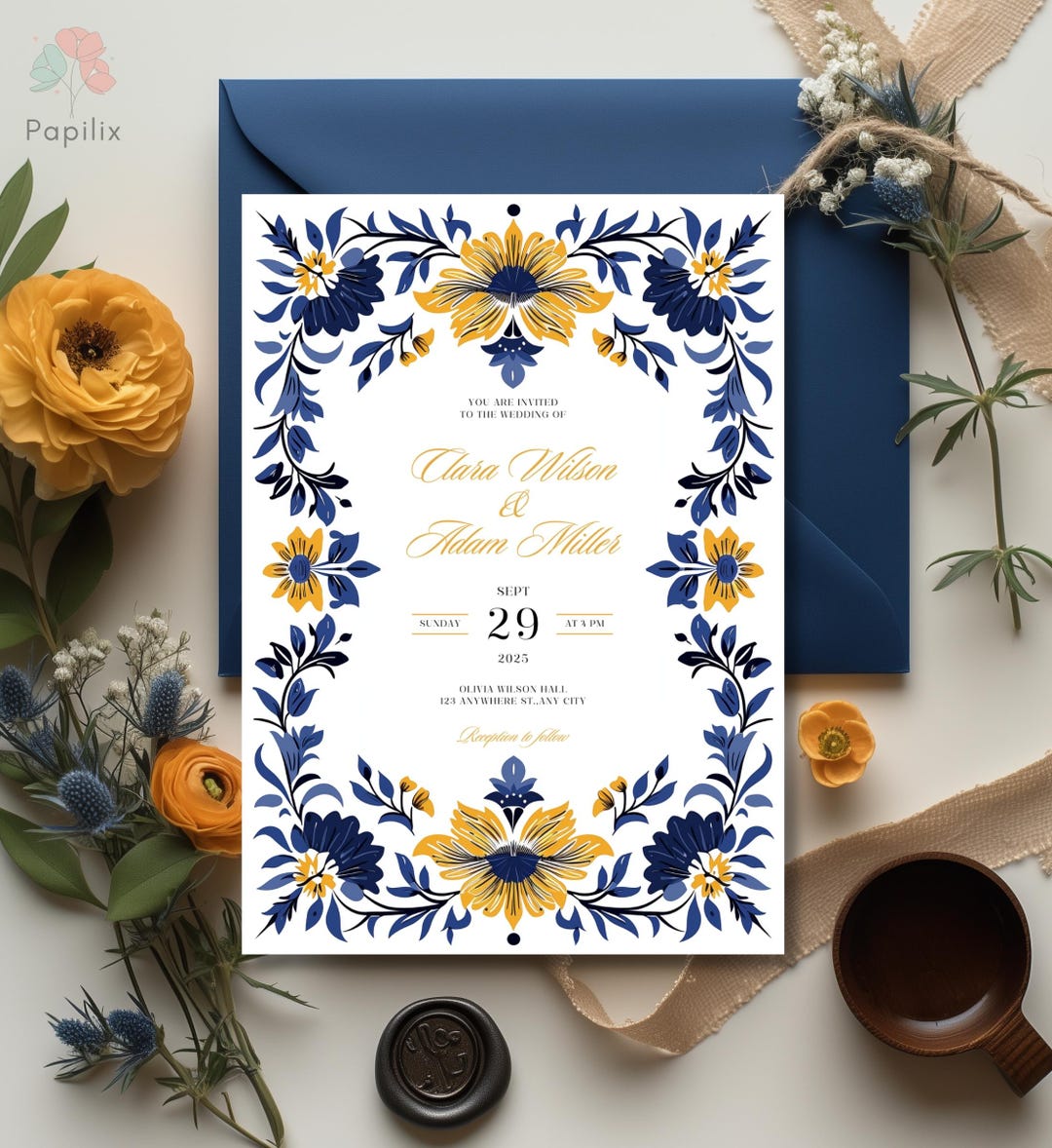 Blue and Yellow Floral Invitation, Editable Mexican Wedding Invite ...