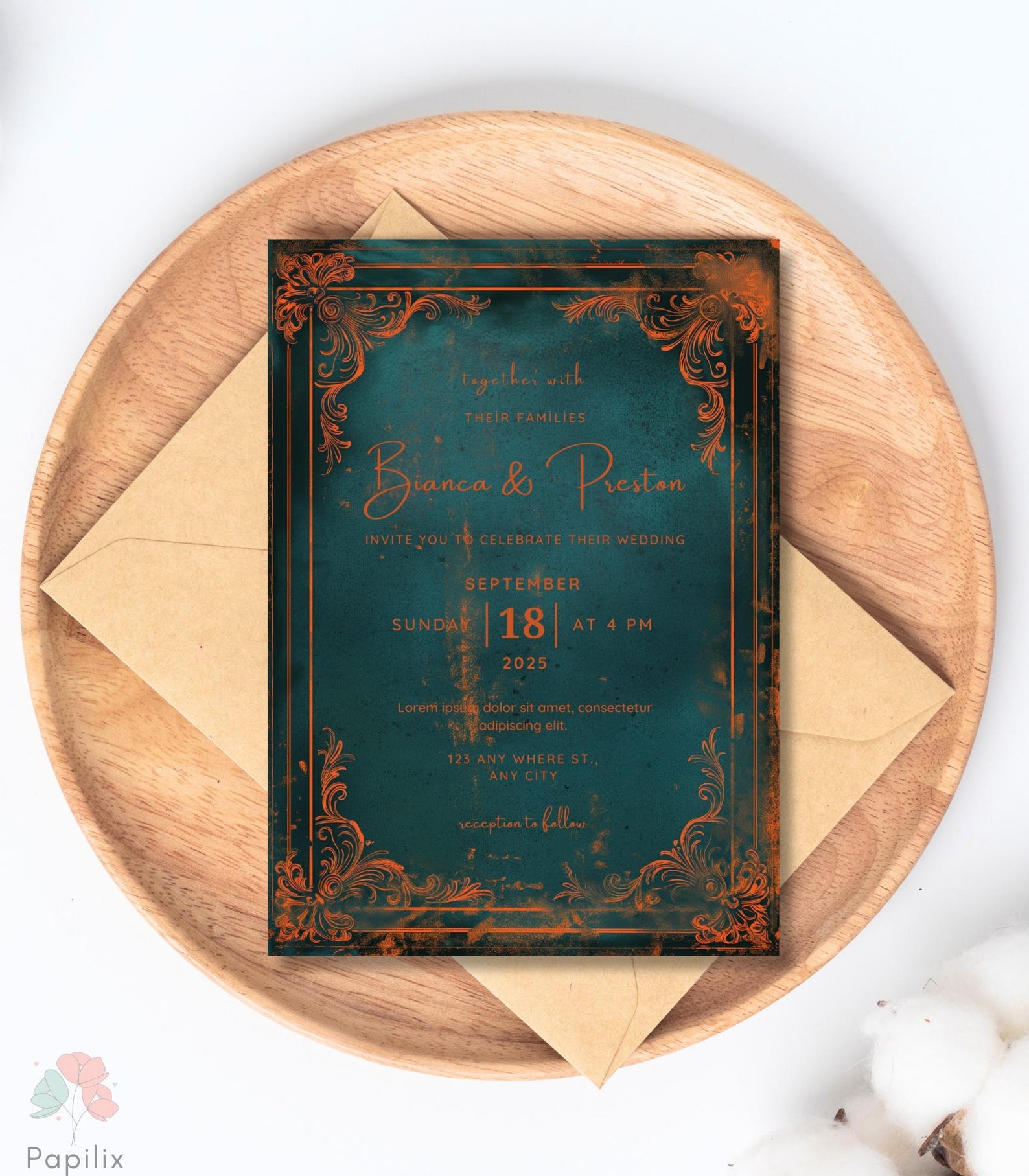 Teal and Copper Wedding Invitation Template, Vintage Ornate Invites ...