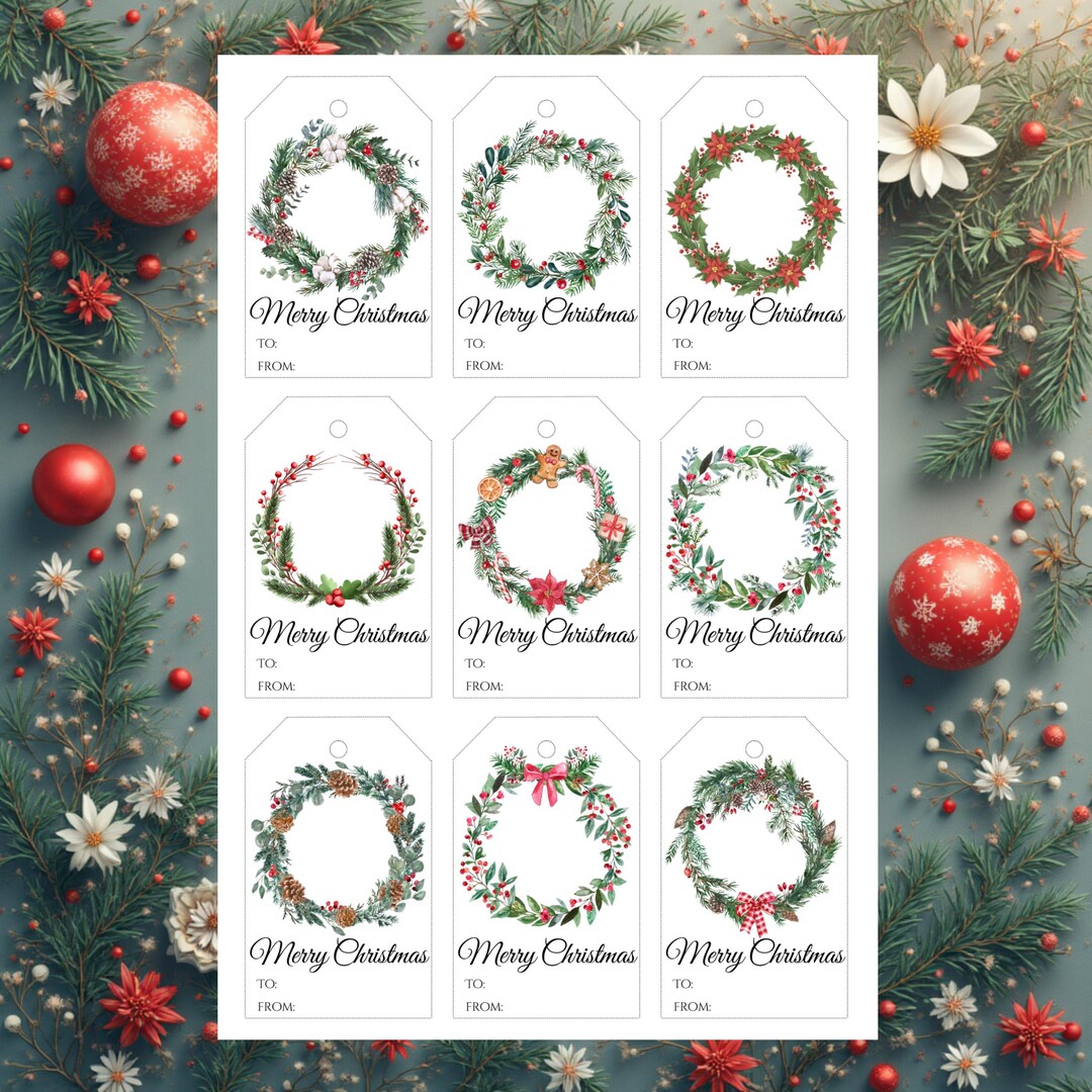 Printable Christmas Wreath Gift Tags, Holiday Present Tag (digital ...