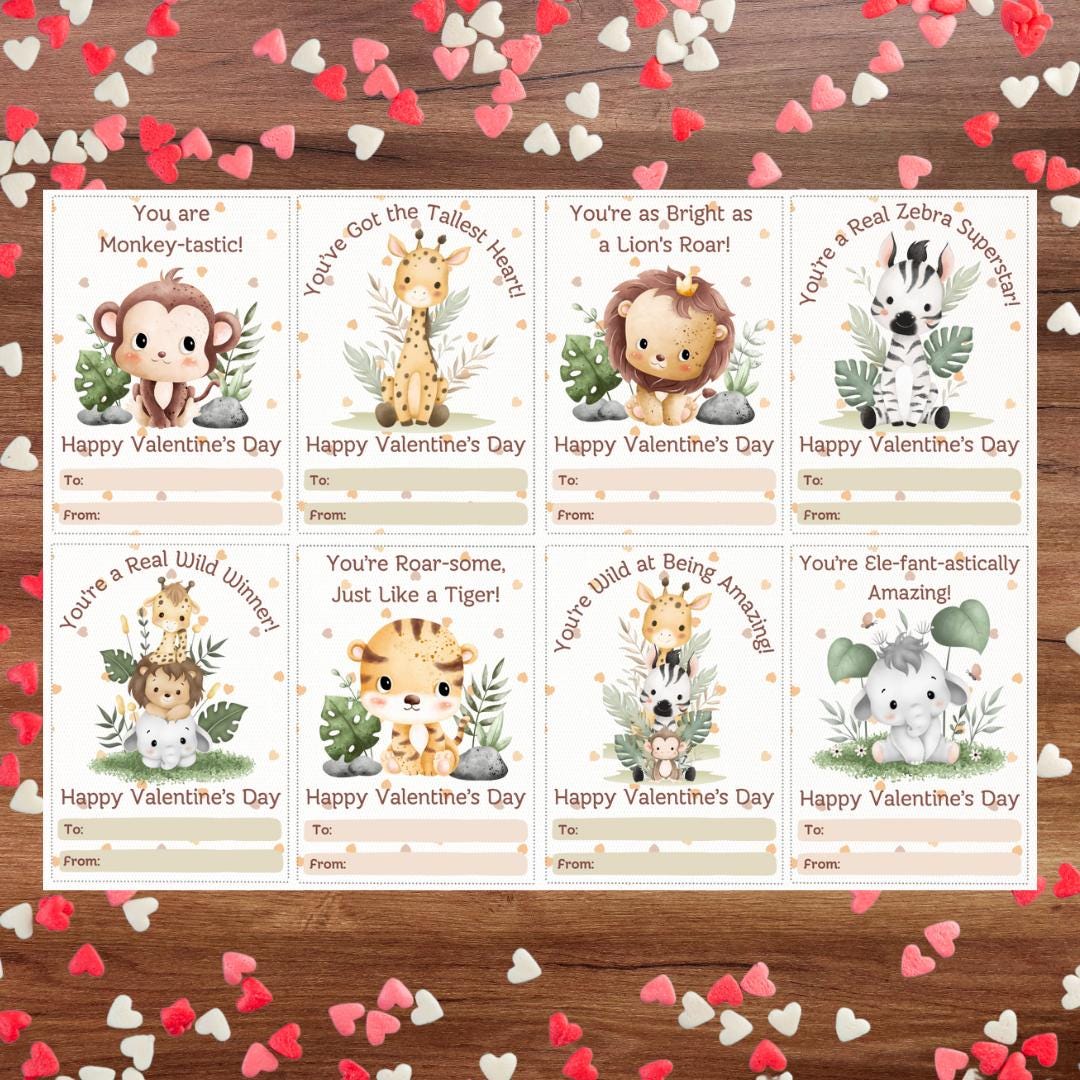 Cute Baby Zoo Animal Valentine's Day Cards for Kids Fun Printable ...