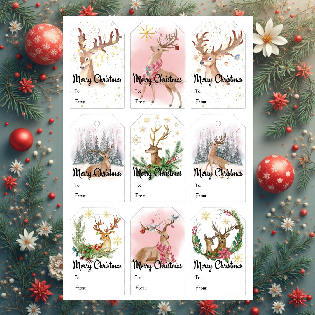 Printable Reindeer Christmas Gift Tags, Rustic Deer Winter Holiday ...