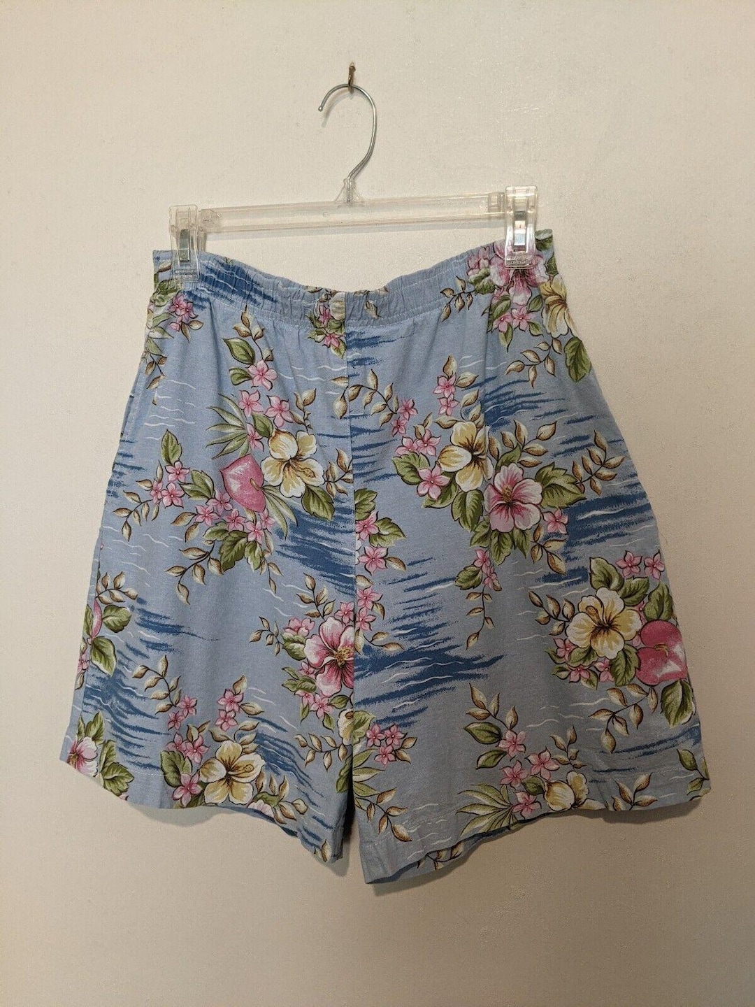 Vintage 80s Blue Hawaiian Oxford Cloth Mom Shorts Floral High Waist S ...