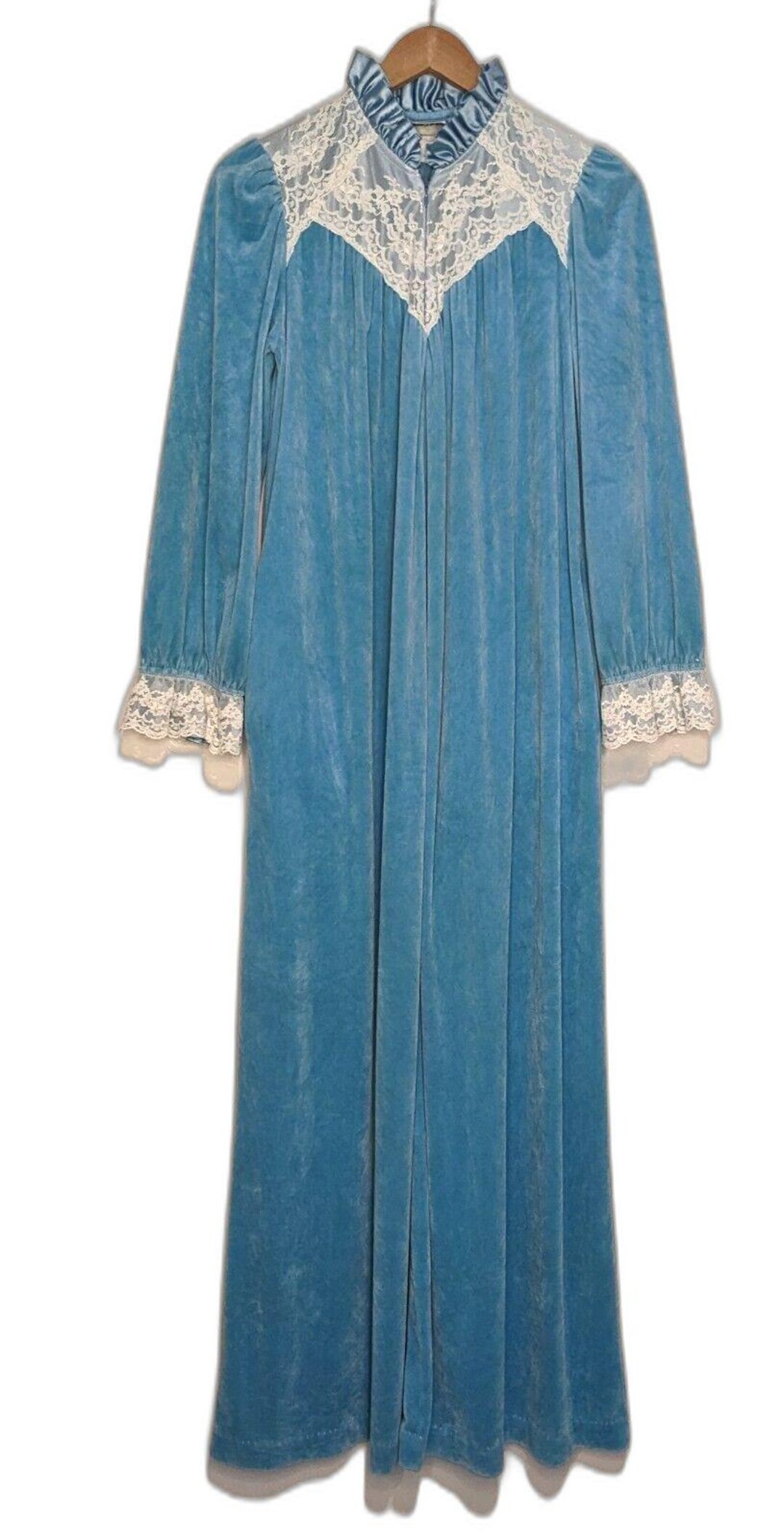 Vintage 70s Lacey Blue Velour Full Robe S Zip Front Pockets Gilligan ...