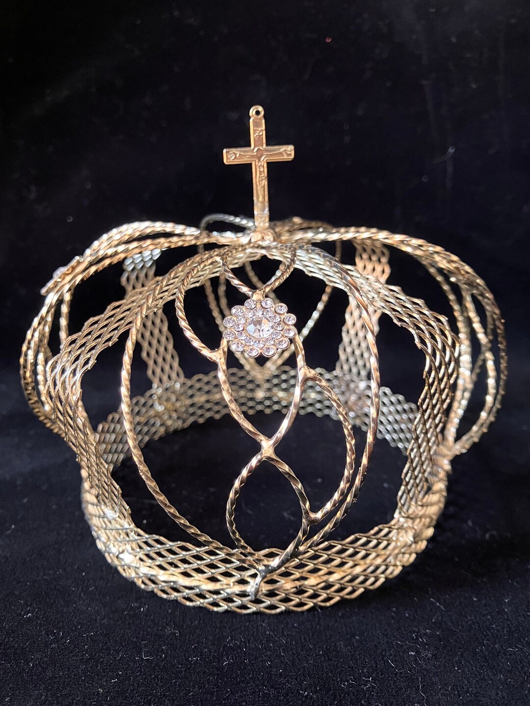 Large Metal Crown With Lace-like Cutouts, Cross, and Crystals for ...
