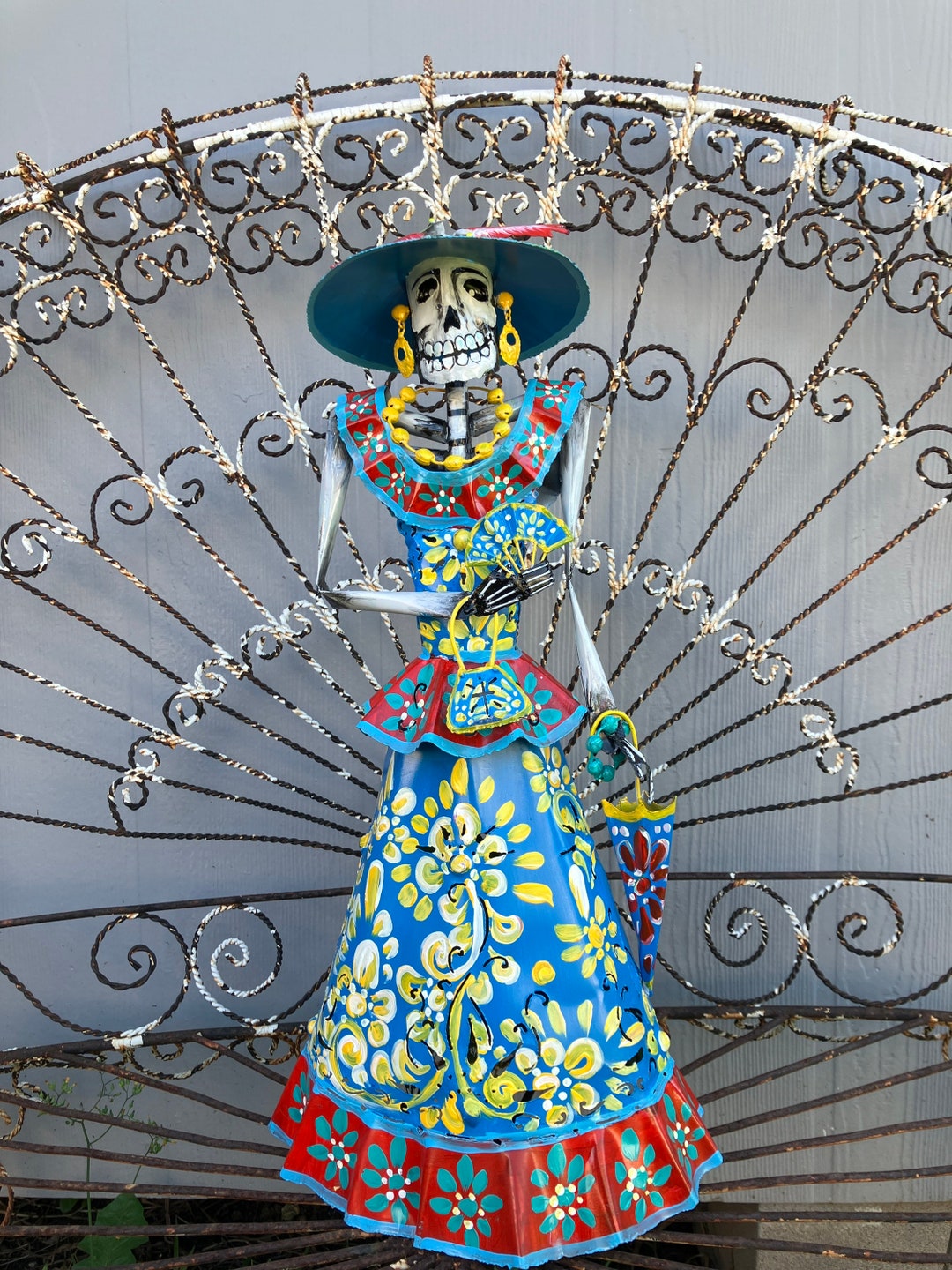 Painted Tin Metal Mexican Skeleton Catrina Lamp - Dia De Los Muertos ...