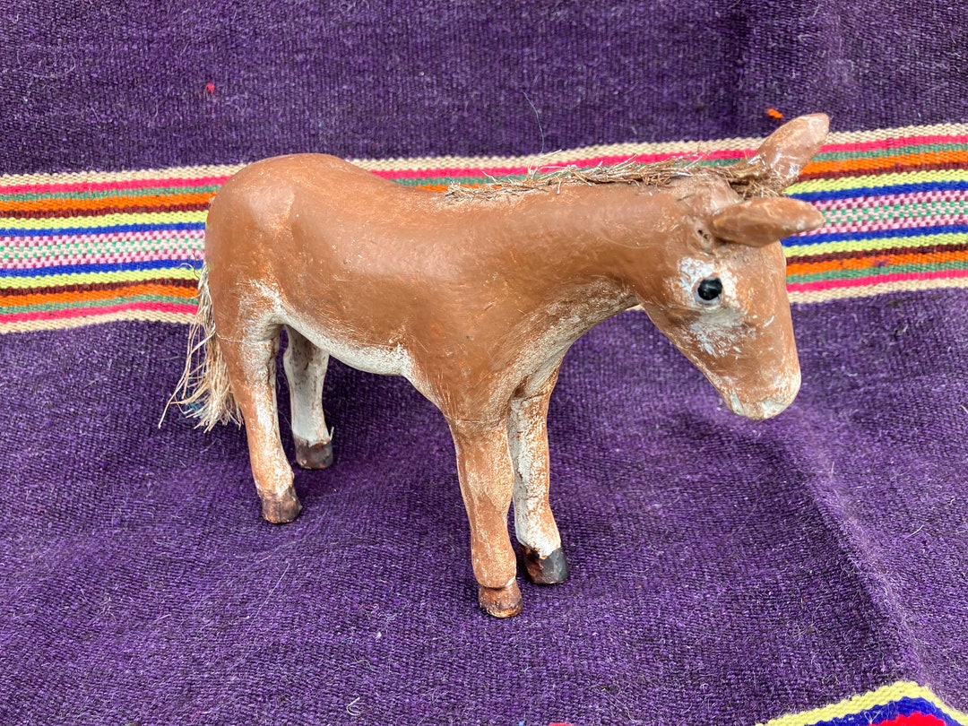 Folk Art Painted Carved Wooden Donkey Burro With Glass Eyes - Mexico ...