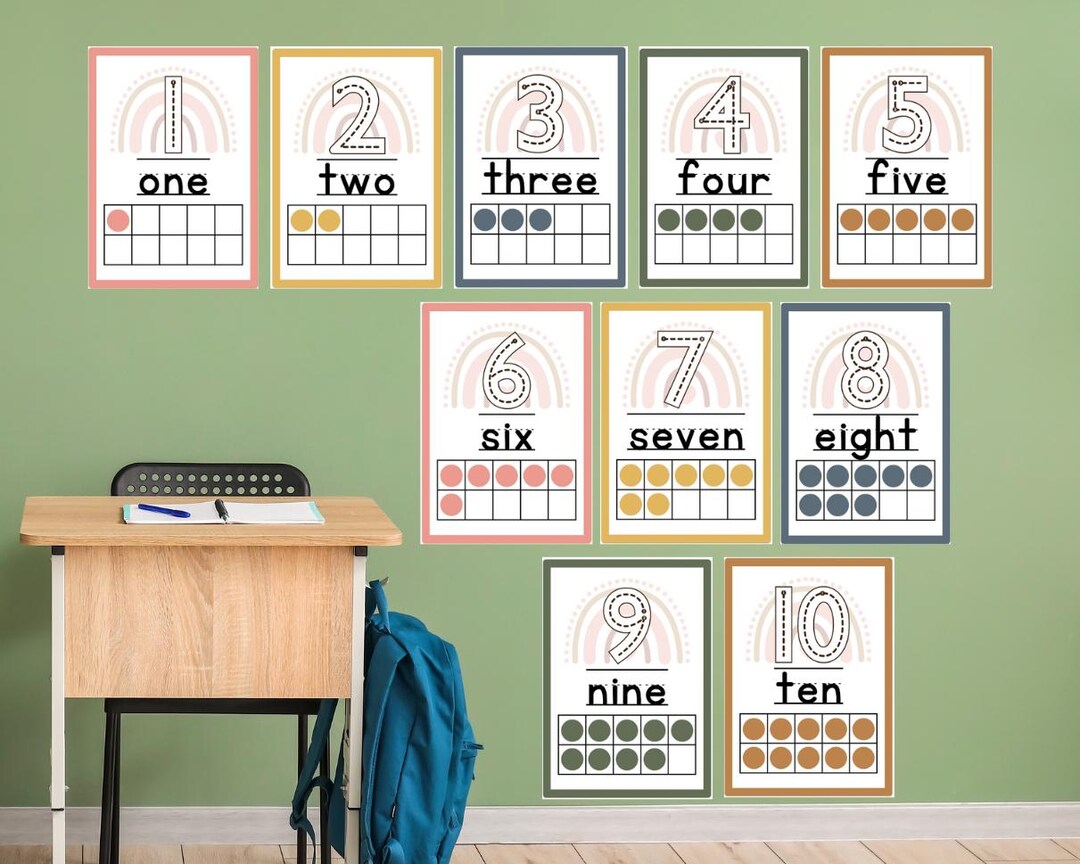 Back to School Classroom Modern Boho Number 1-10 Posters, Tens Grid ...