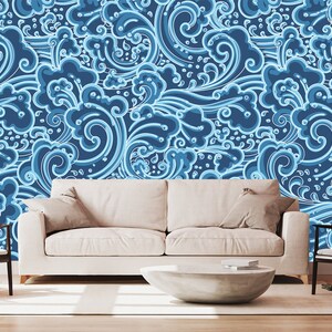 Elegant Ocean Waves Pattern Wallpaper,blue Sea Wave Wall Decor,coastal ...