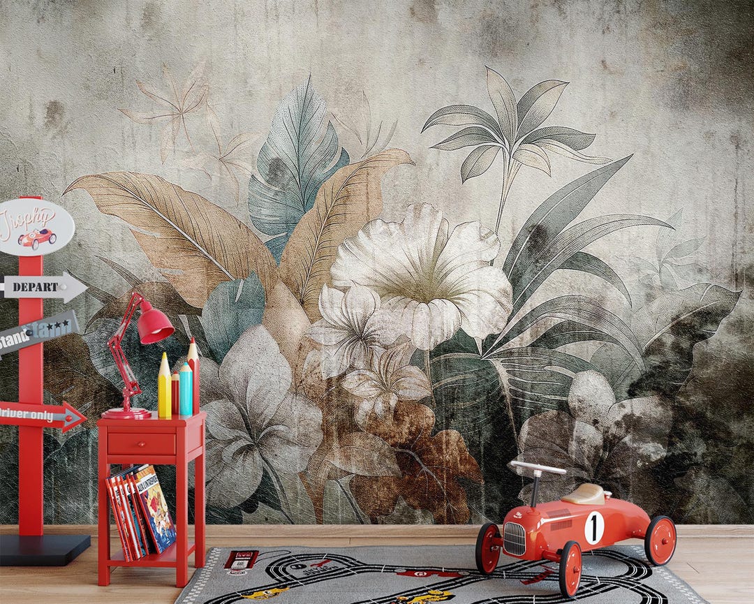 Vintage Tropical Peel and Stick Wallpaper, Textured Floral Botanical ...