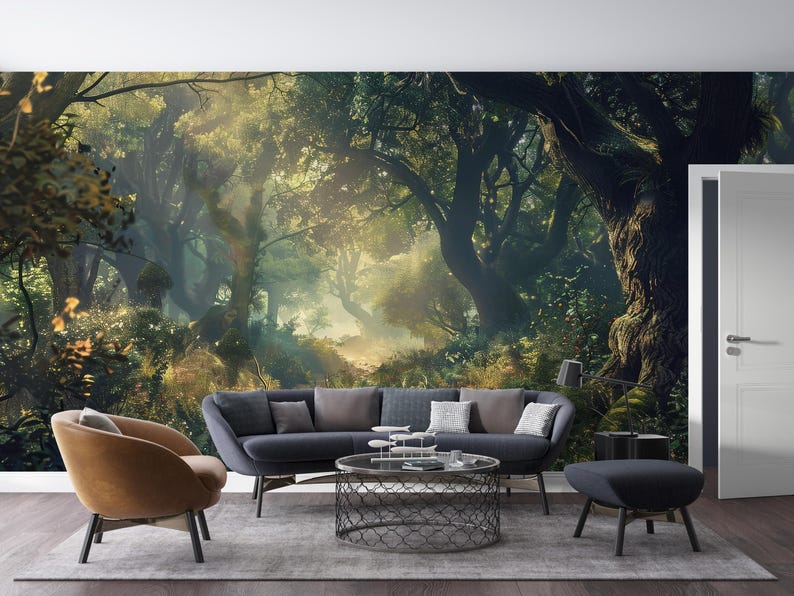 Enchanted Sunlit Forest Peel and Stick Wallpaper, Magical Woodland Wall ...