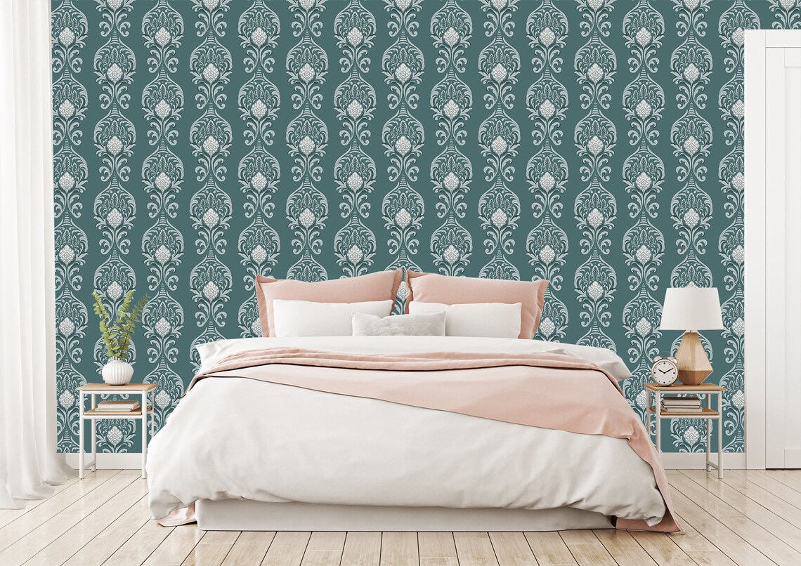 Vintage Damask Floral Wallpaper – Elegant Teal & Silver Baroque Pattern ...