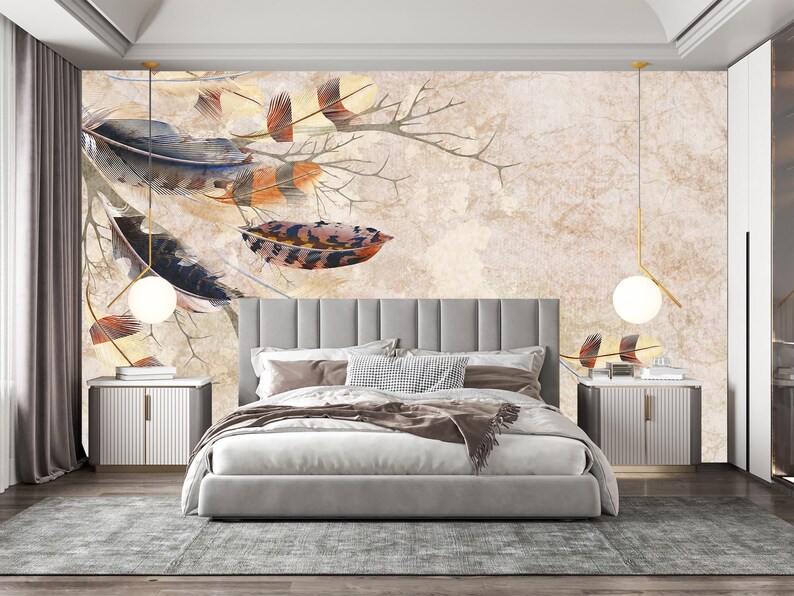 Boho Feather Peel and Stick Wallpaper, Tribal Bohemian Wall Mural ...