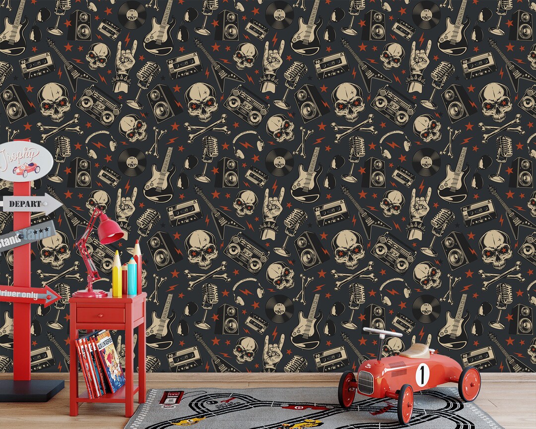 Vintage Rock and Roll Pattern,skull, Guitar, and Music Icons,retro Rock ...