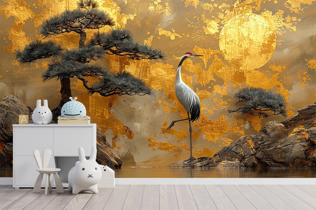 Gold Crane Peel and Stick Wallpaper, Japanese Zen Oriental Wall Mural ...