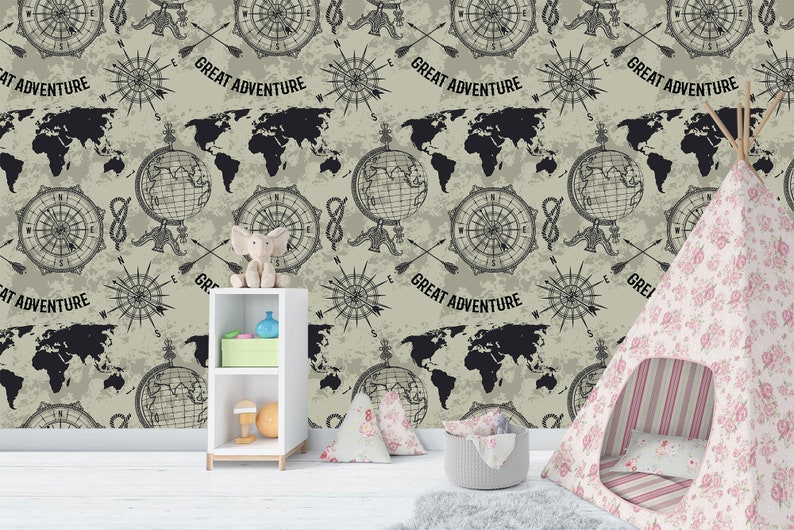 Vintage Adventure Map Wallpaper,compass, Globe, and World Map Pattern ...