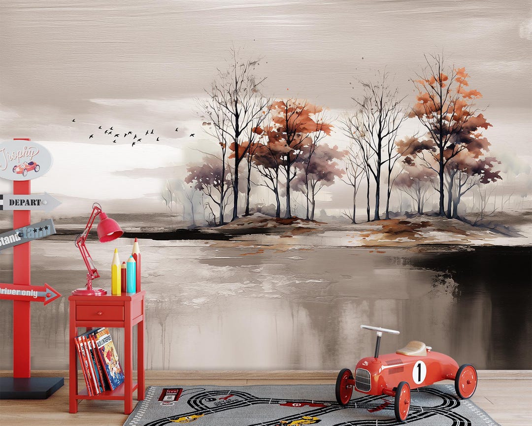 Autumn Lake Peel and Stick Wallpaper, Fall Forest Wall Mural, Scenic ...